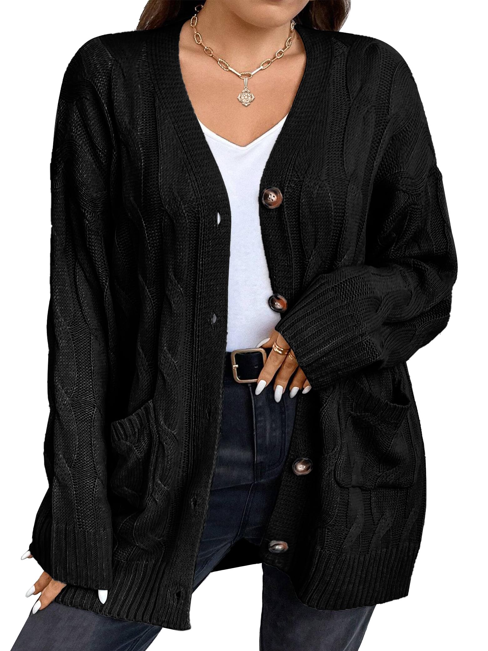 Plus Size Cardigan Cable Knit Sweater 2024 Fall Women's Cardigans with ...