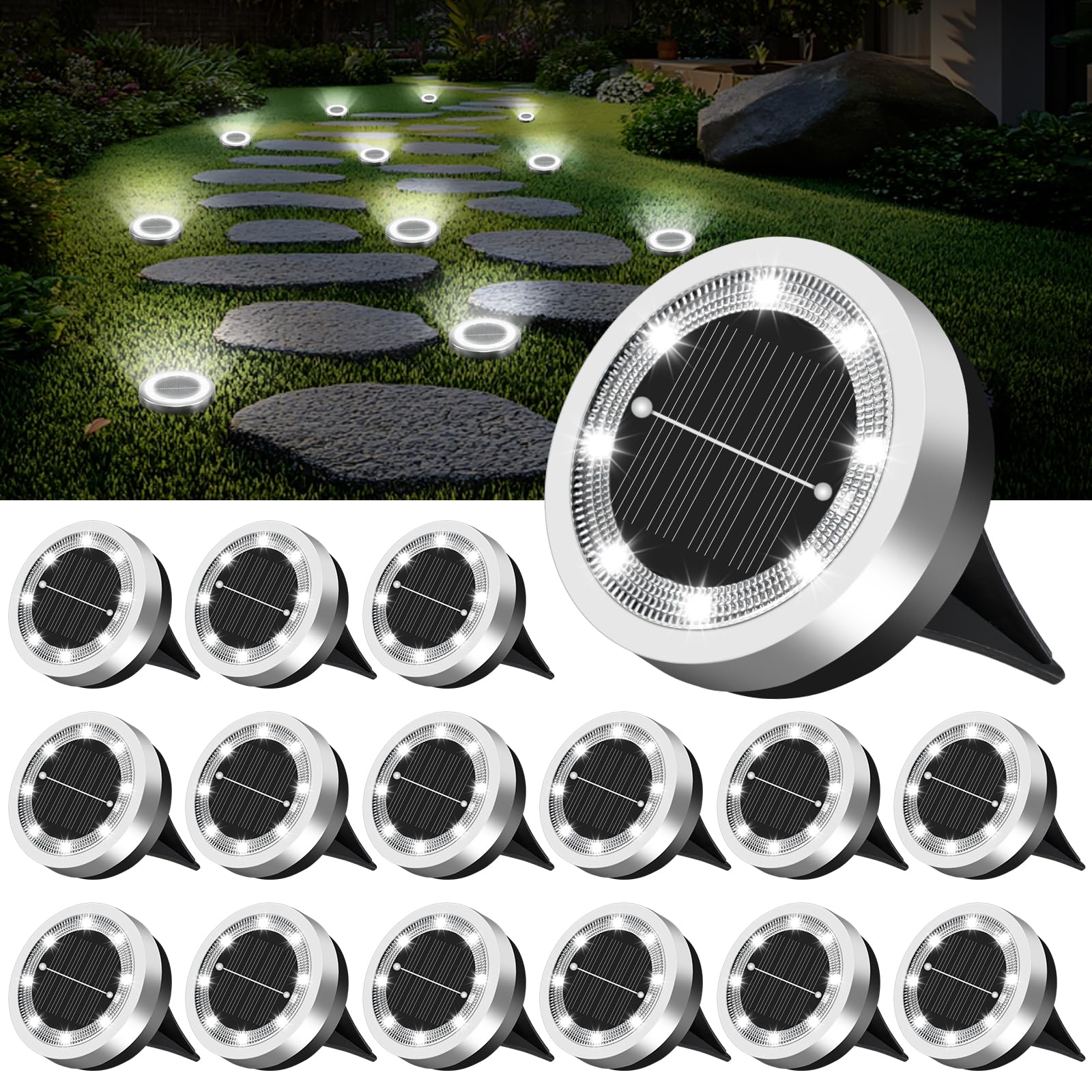 Mini Solar Ground Lights 16 Pack Outdoor IP65 Waterproof Solar Flat ...