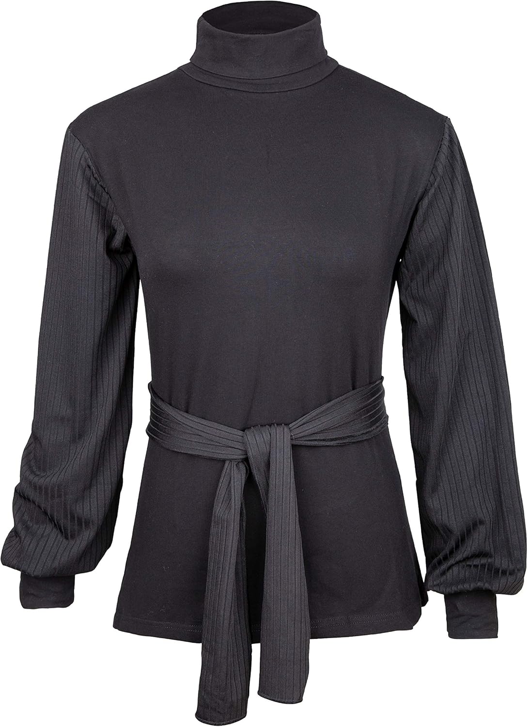 Women's Black Slim-Fit Stretchy Mock Turtleneck Lantern Long Sleeve ...