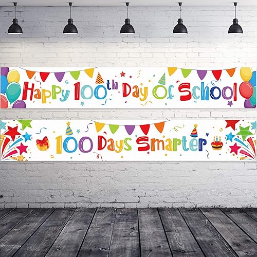 2 Pieces Happy 100th Day of School Banner 100 Days Smarter Banner ...