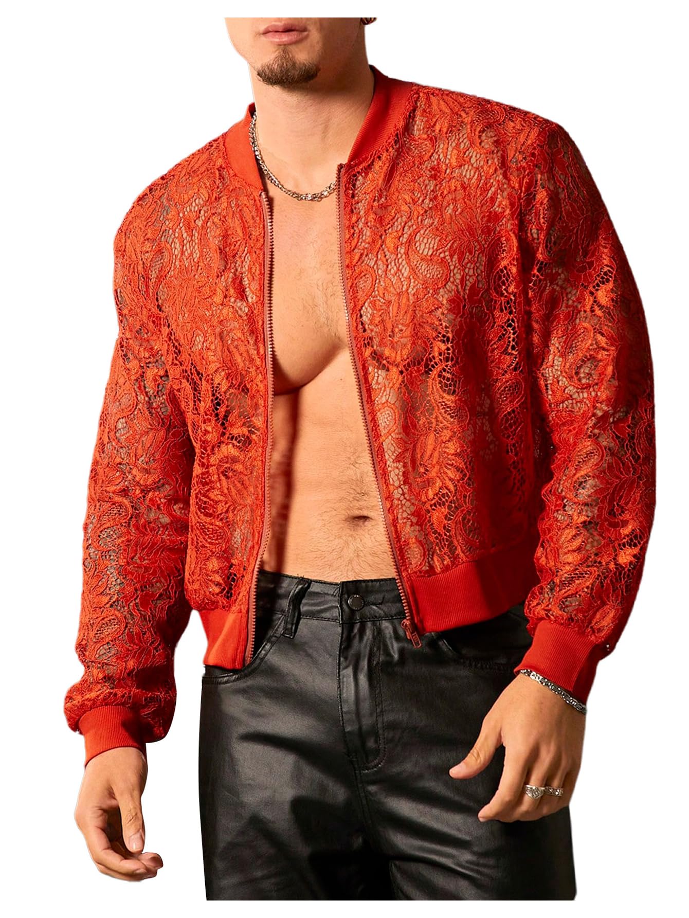 WDIRARA Men's Sheer Floral Lace Bomber Jackets Long Sleeve See Through ...
