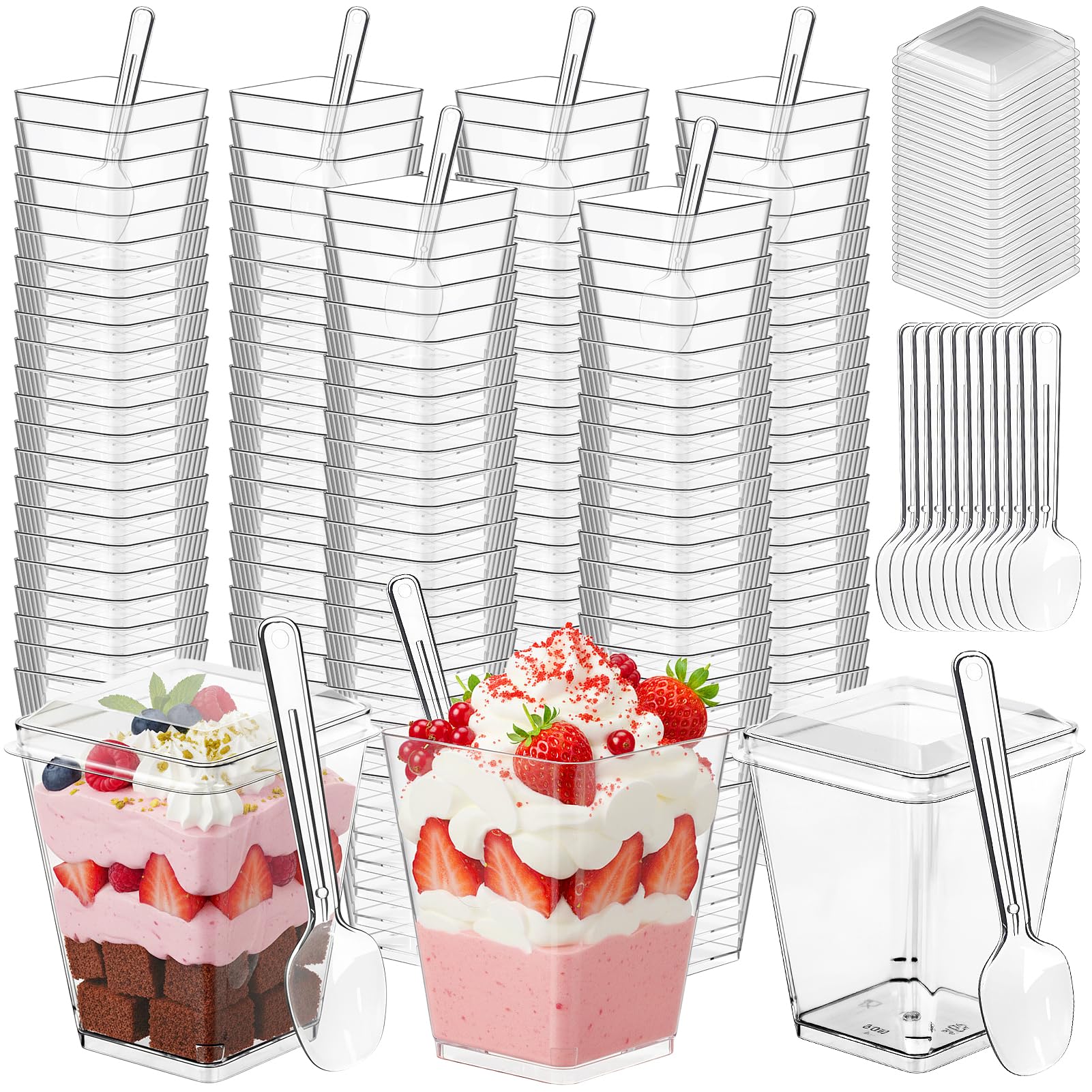 100 Pack 5 oz Clear Plastic Dessert Cups with Lids & Spoons, Reusable ...