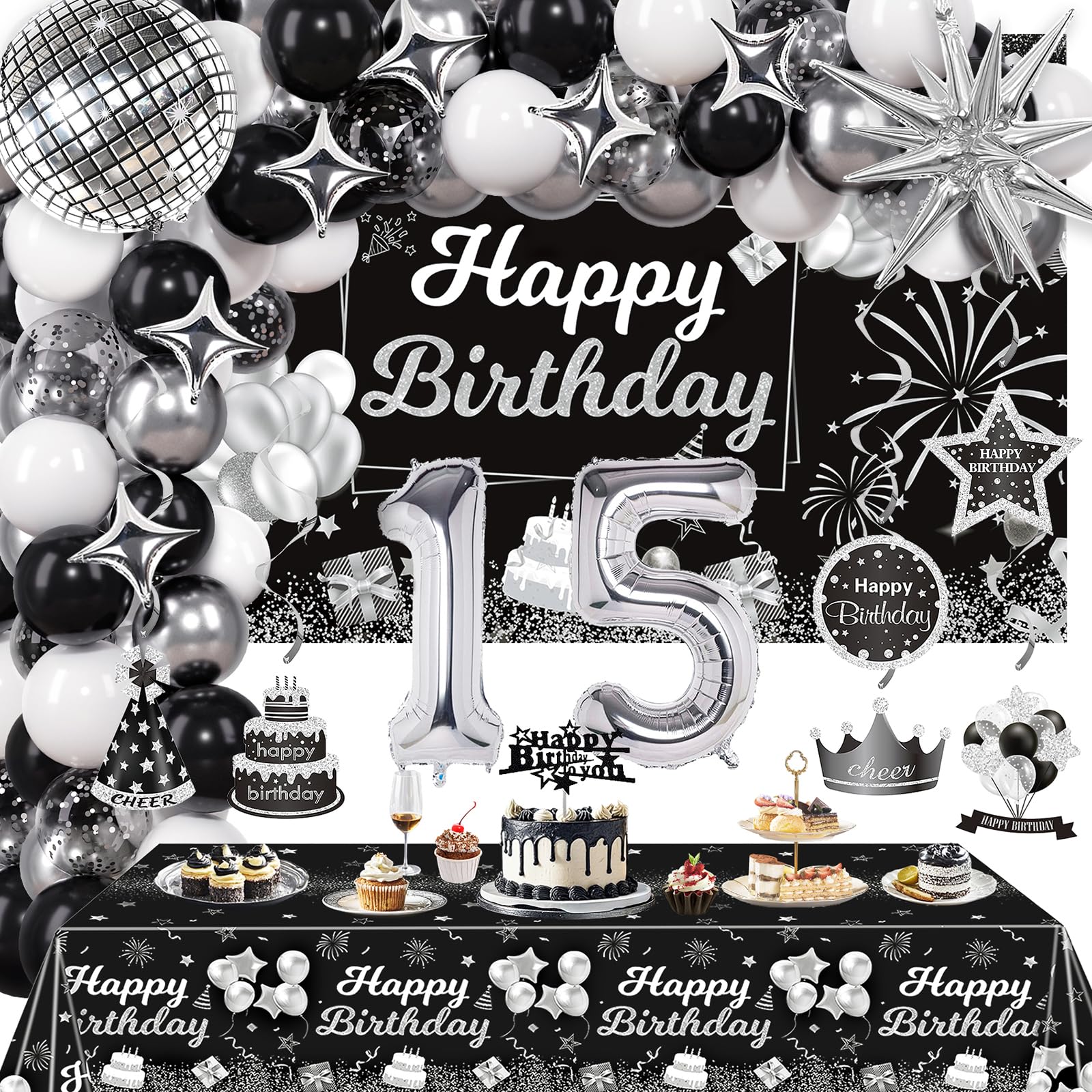 Miidenks 15th Birthday Decorations Set for Boy Girl,Black Silver Happy ...