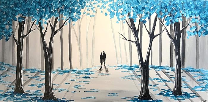 original blue tree painting on canvas: Amazon.co.uk: Handmade