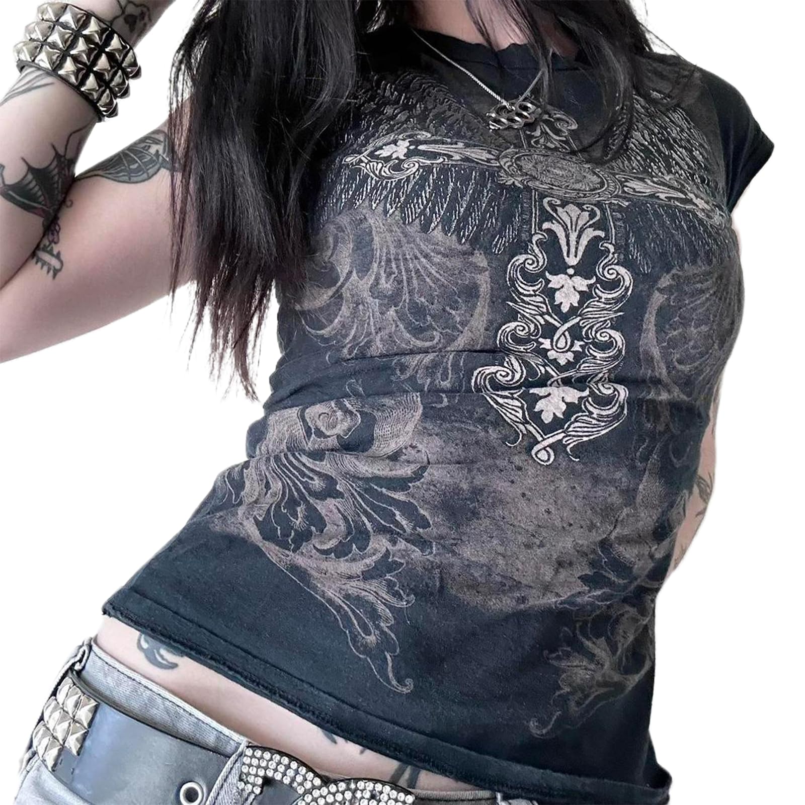 Y2k Fairy Grunge Clothes for Women Emo 2000s Skull Skeleton Print Tees ...