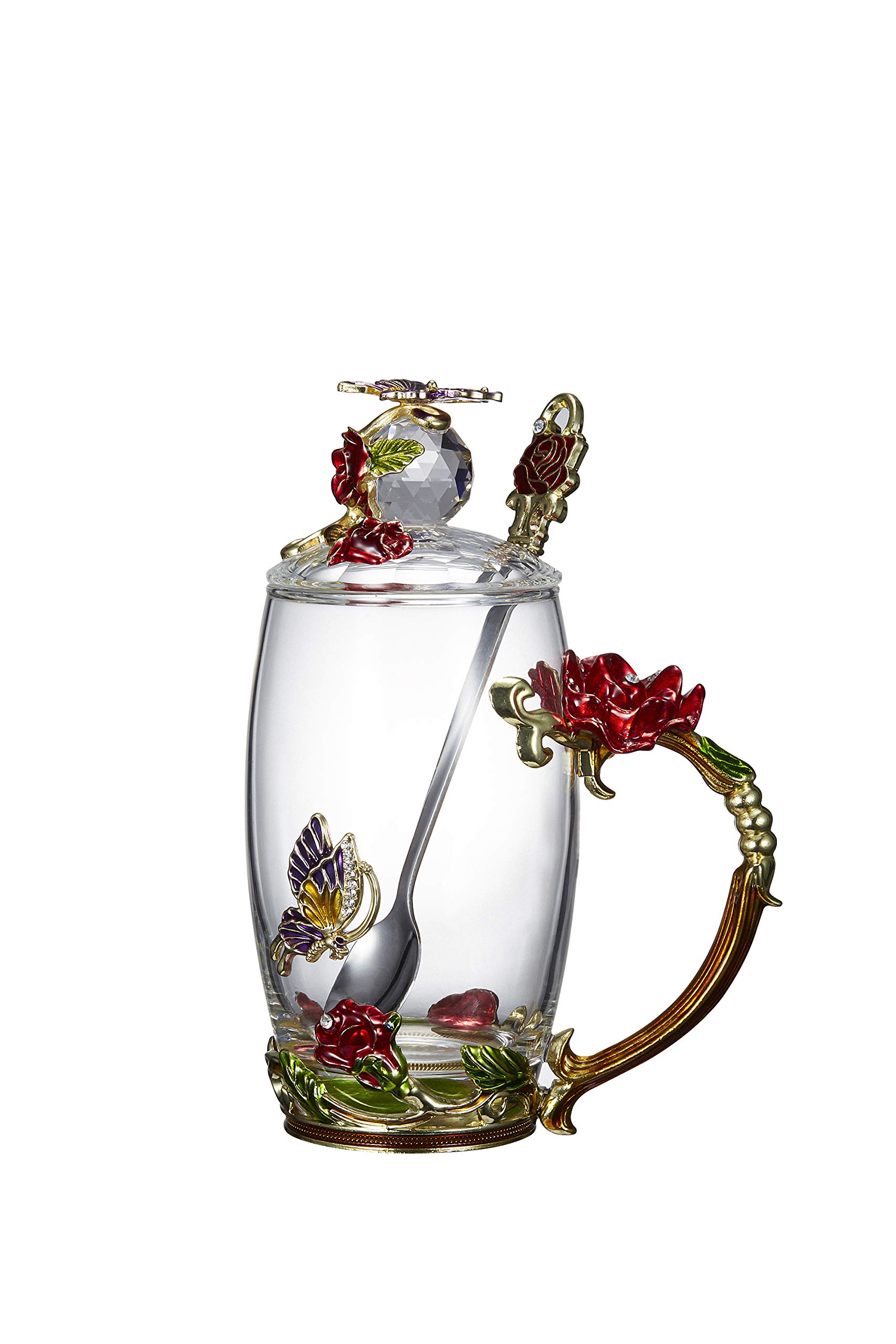 Guon-Wuvl Glass Teacup, 12 oz, Rose Red, Drinking Cup with Lid, Spoon ...