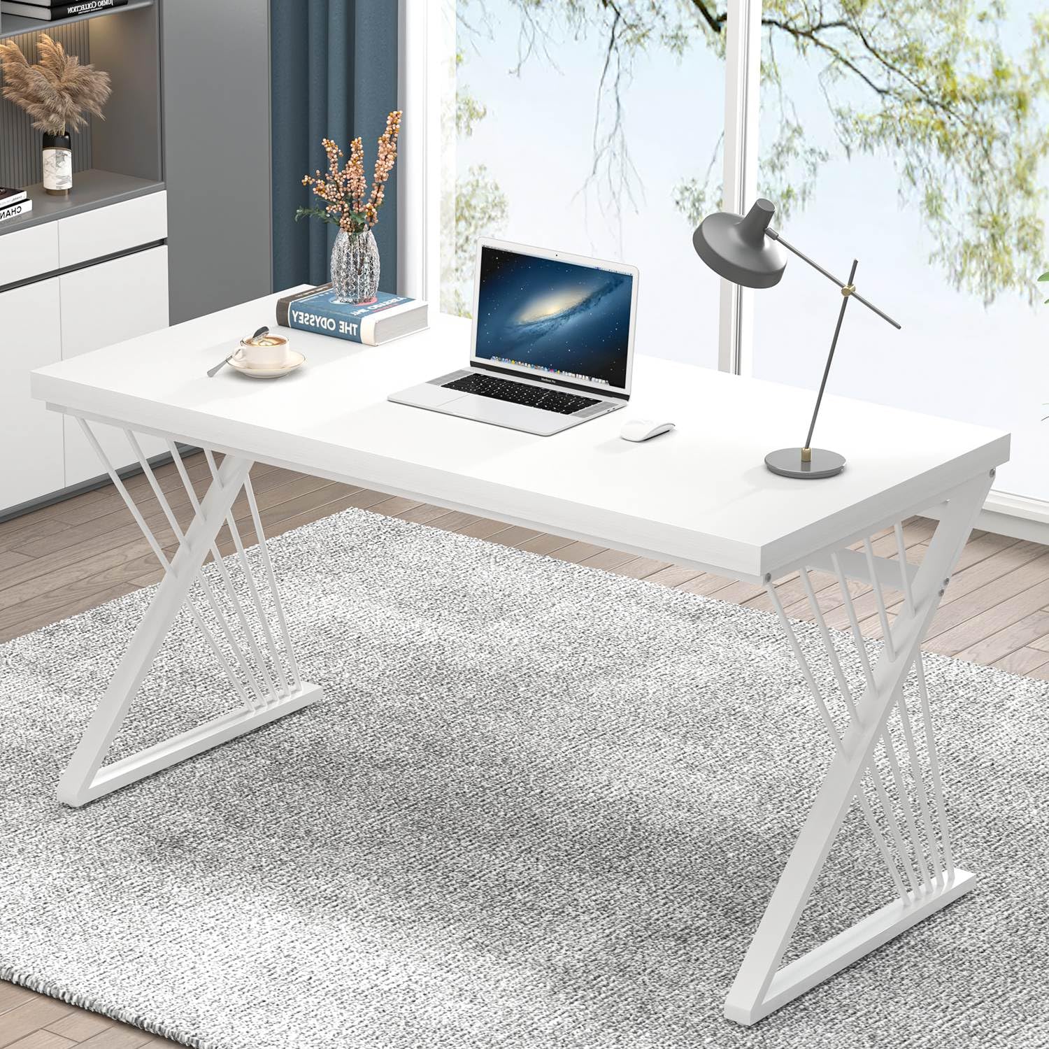 FOLUBAN Modern White Desk, Rustic Wood and Metal Computer Desk for Home ...