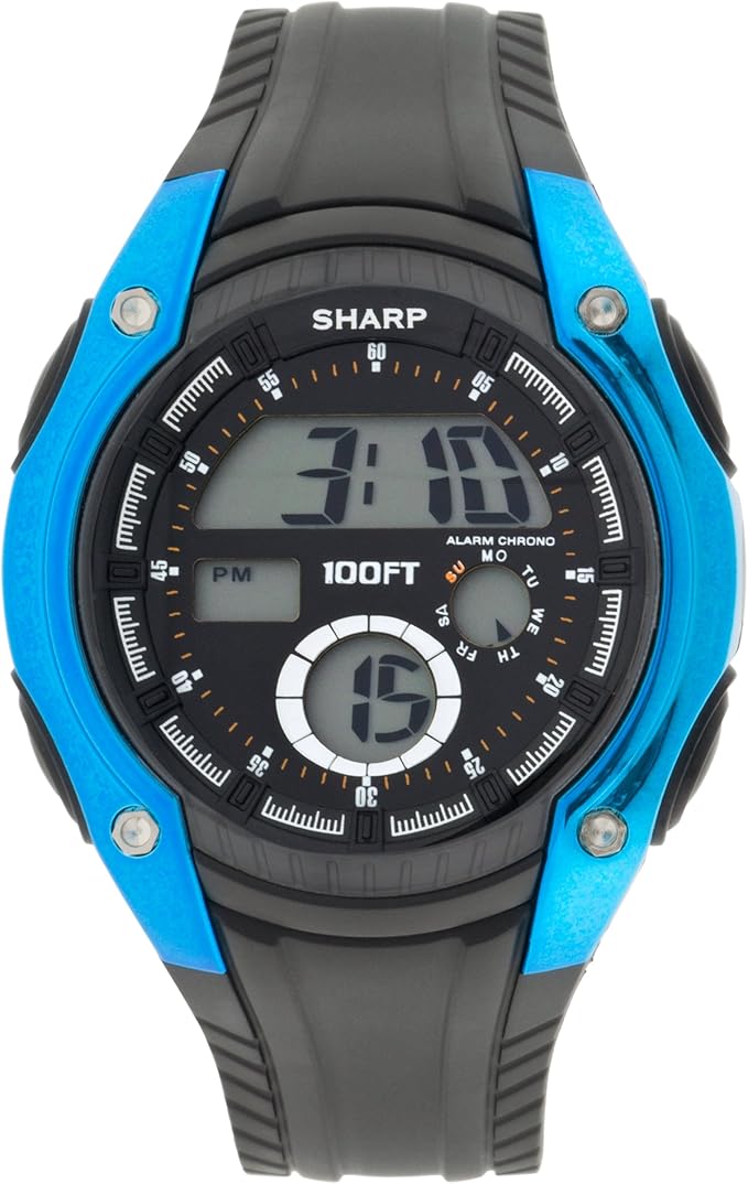 Amazon.com: Sharp Men's Round Black LCD Digital Sports Watch with ...