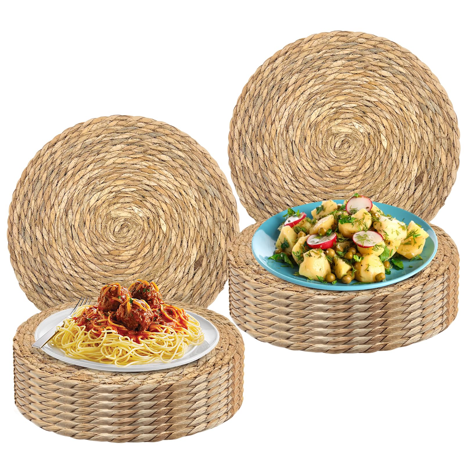 Boho Woven Placemats Set of 16, 12" Round Rattan Placemats Natural Hand ...