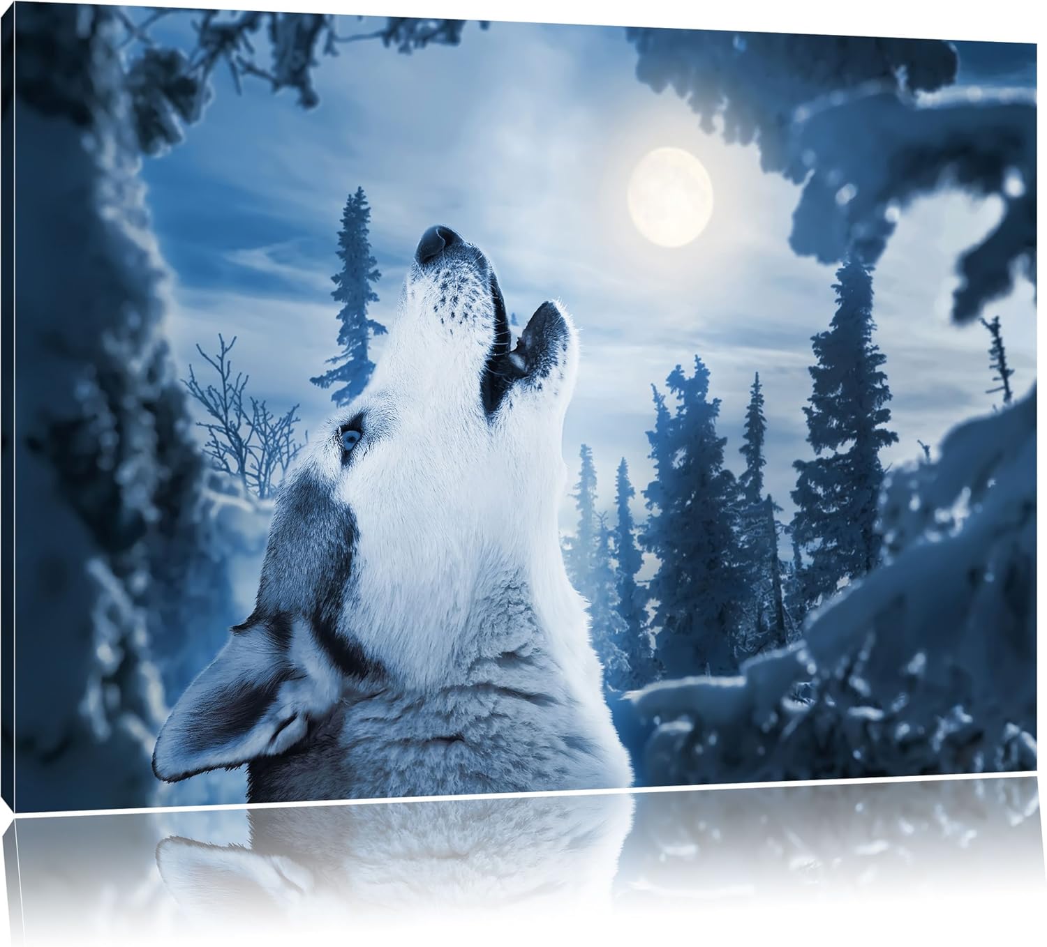 Heulender Wolf vor Mondlicht, Bild auf Leinwand, XXL riesige Bilder fertig gerahmt mit ...