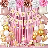 Amazon.com: OWPFJG Pink Rose Gold Birthday Party Decorations Set for Women Girls, Happy Birthday ...