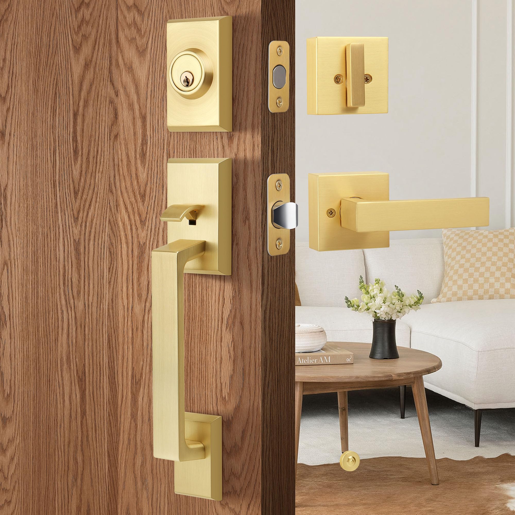 LOQRON Brushed Gold Front Door Handleset Heavy Duty Gold Door Handle ...