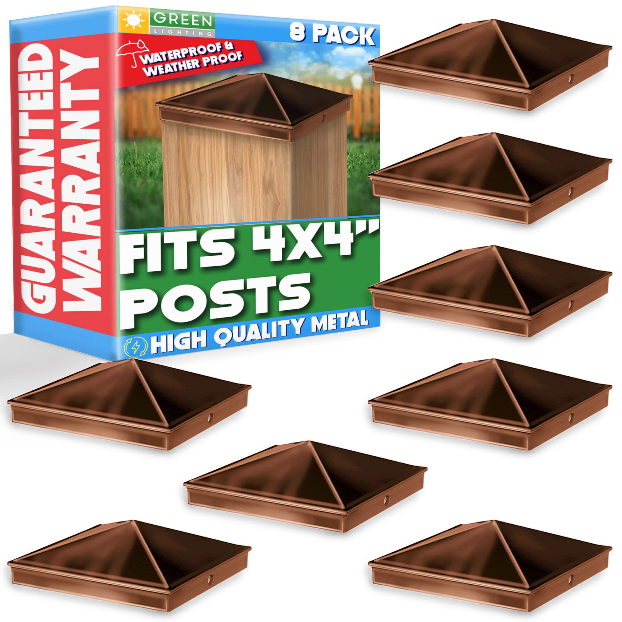 GreenLighting 4x4 Aluminum Pyramid Post Cap Cover (Brown 8 Pack) Fits ...