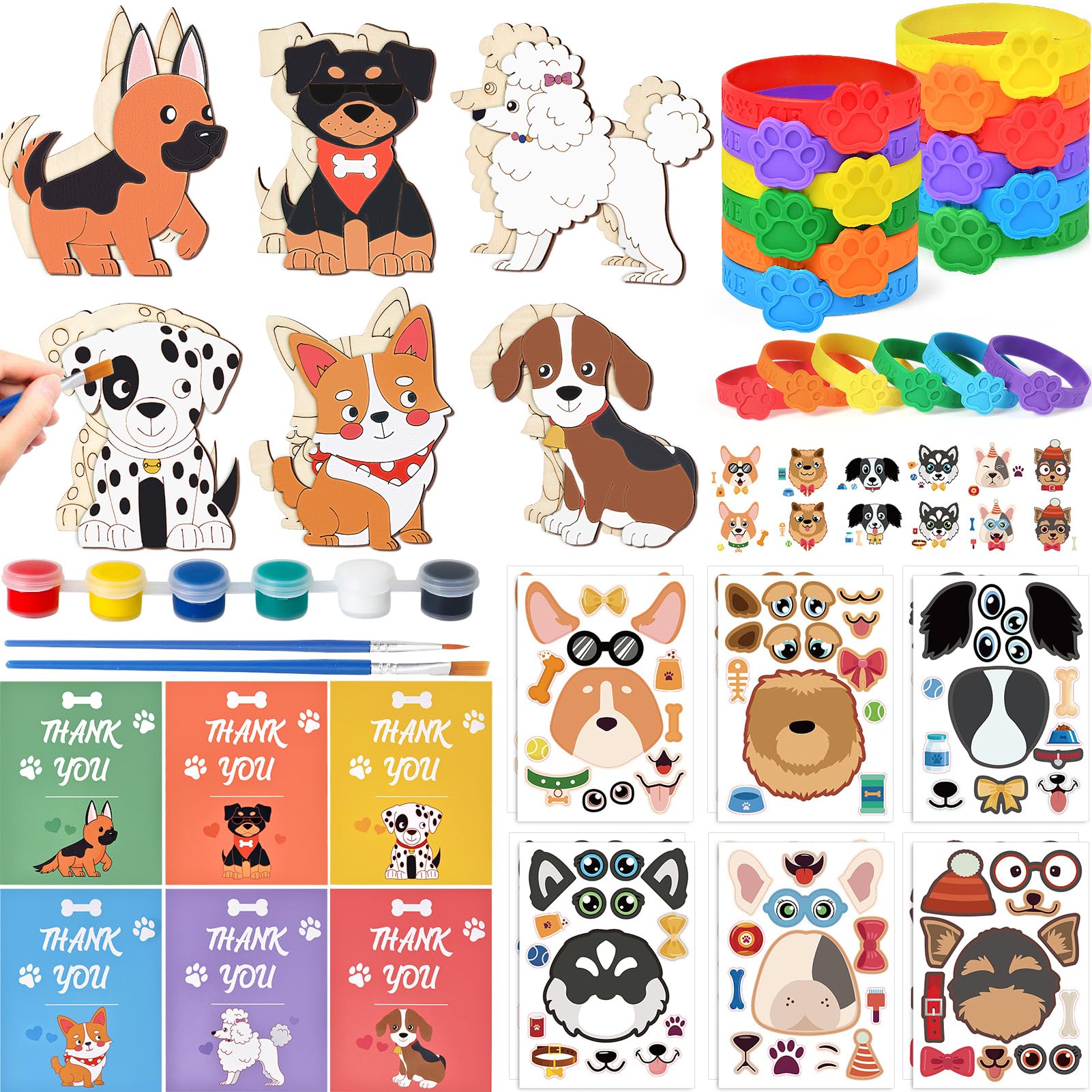 72Pcs Dog Party Favors with Wood Painting Craft Kits Thank You Card Paw ...