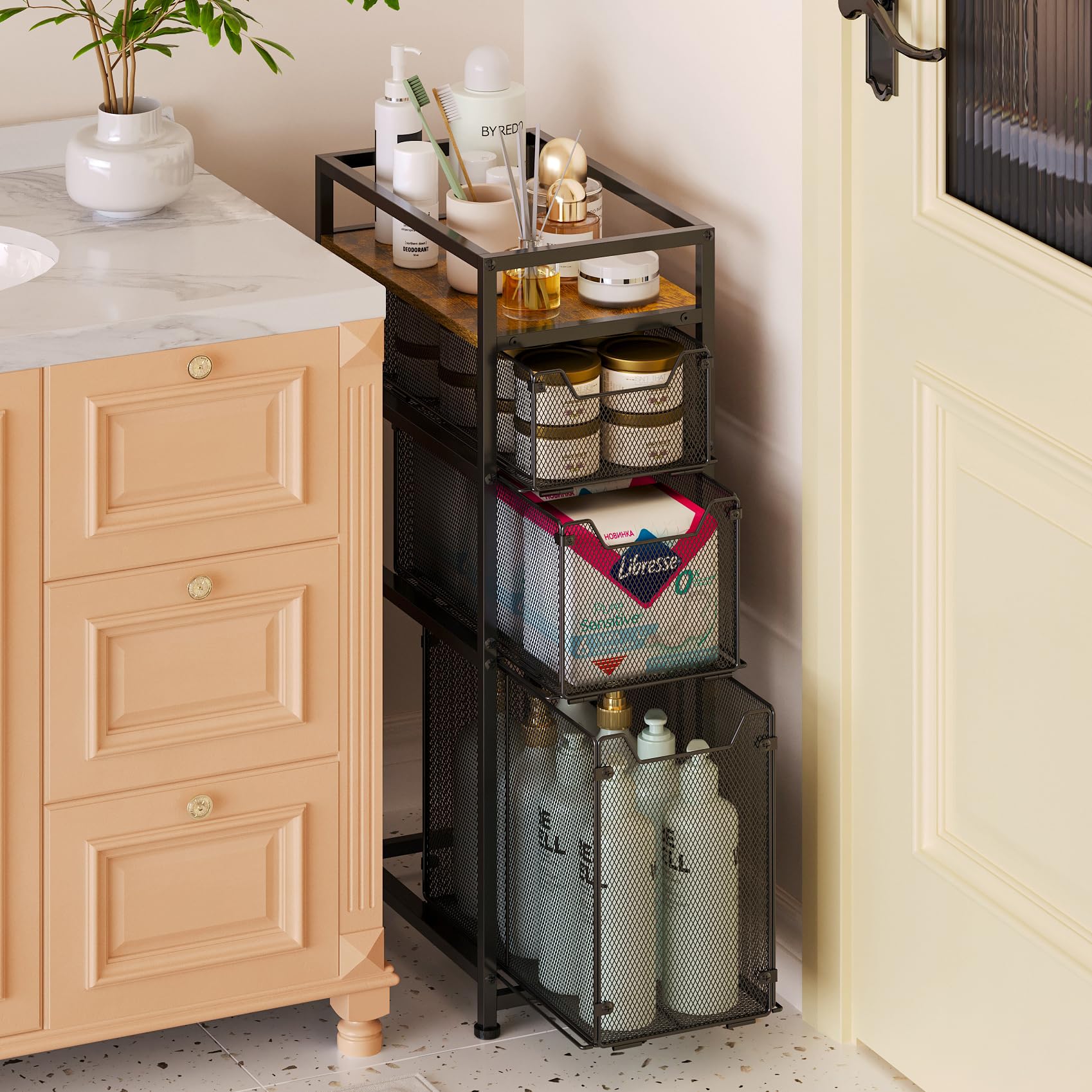 4 Tier Narrow Dresser Storage Rack, Small Bathroom Storage Cabinet ...