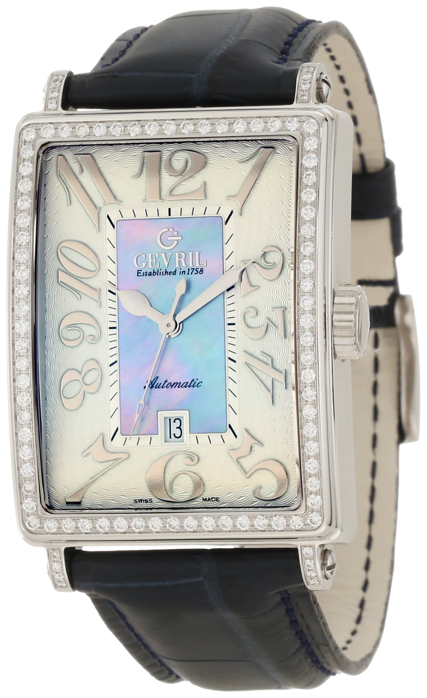 Gevril Glamour Womens Diamond Swiss Automatic Rectangle Blue Leather ...