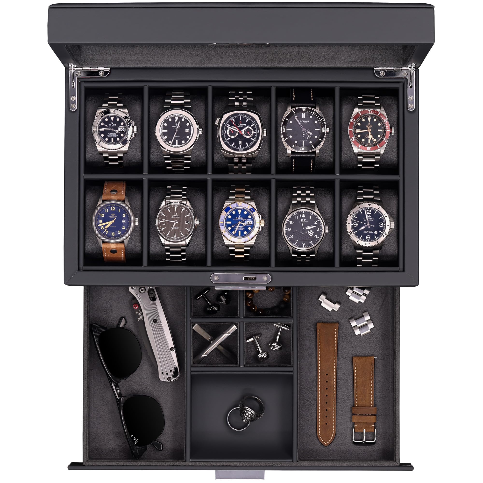 ROTHWELL 10-Slot Watch Box in Leather with Valet Drawer, Luxury Watch ...