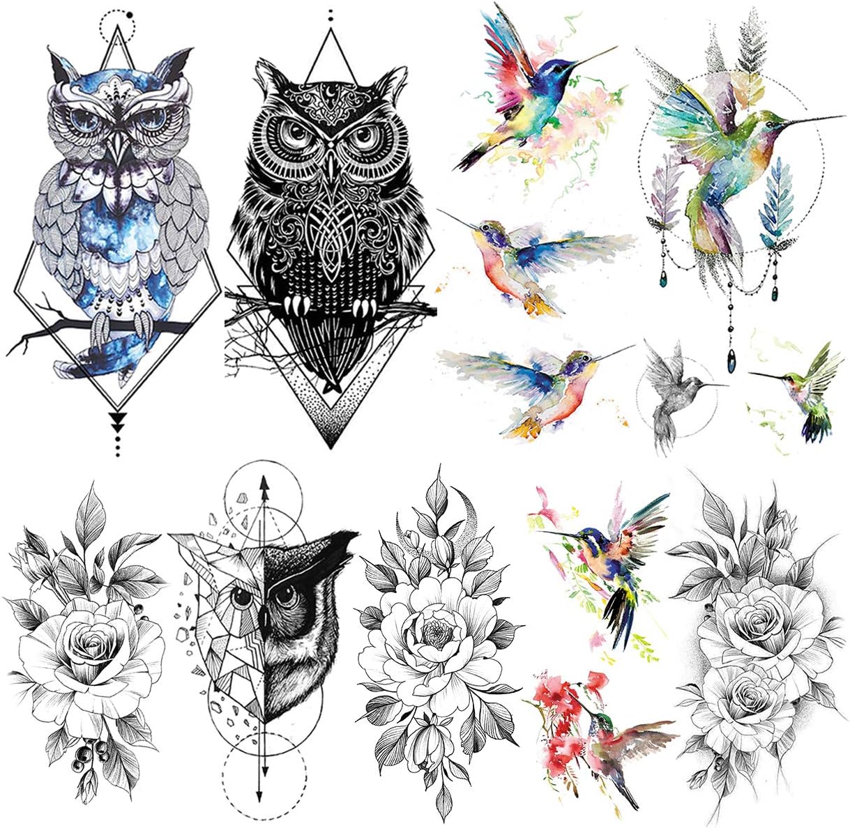 LAROI 9 Sheets Watercolor Hummingbird Fake Temporary Tattoos For Adults ...