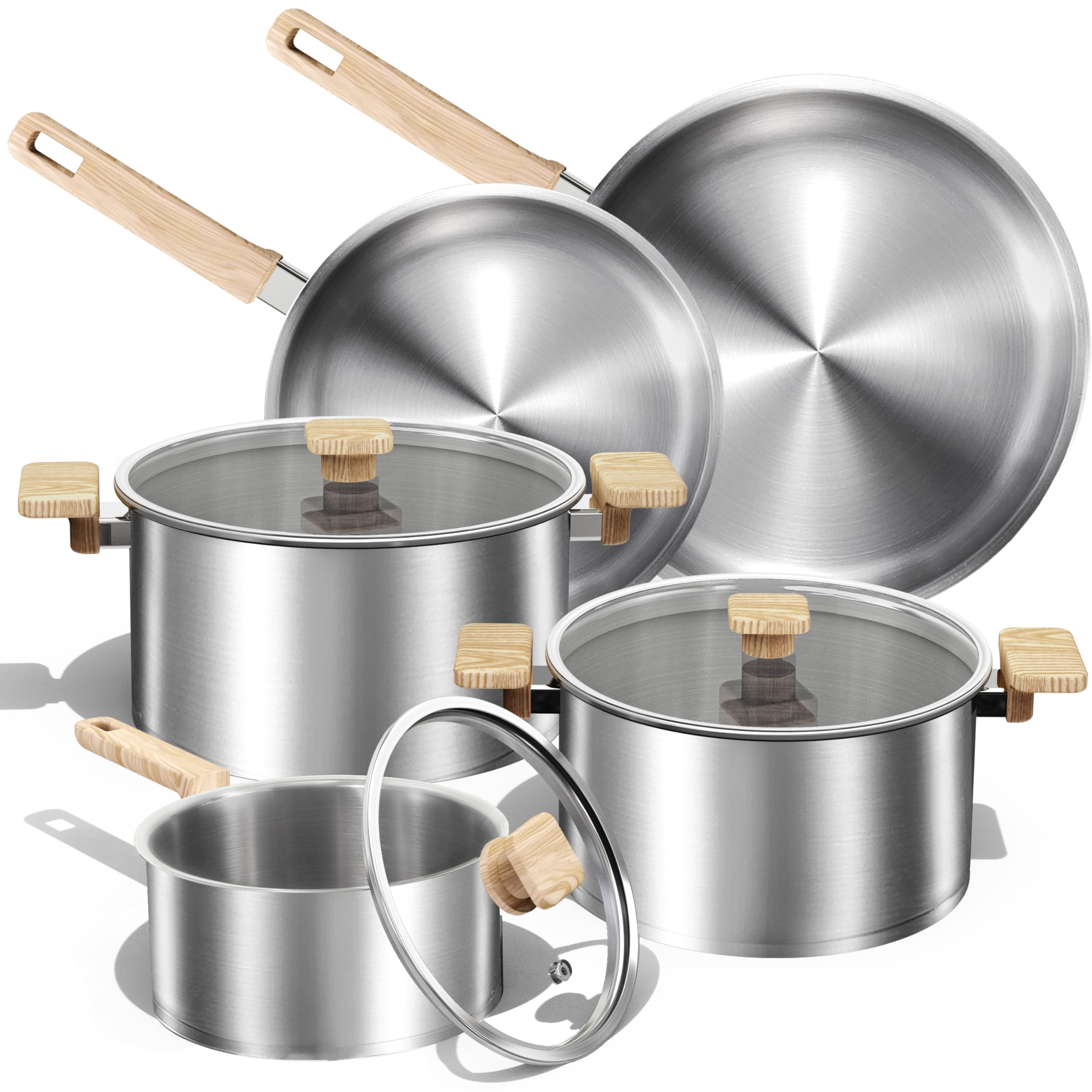 CAROTE 8 Pcs Stainless Steel Cookware Set, Stainless Steel Pots and ...