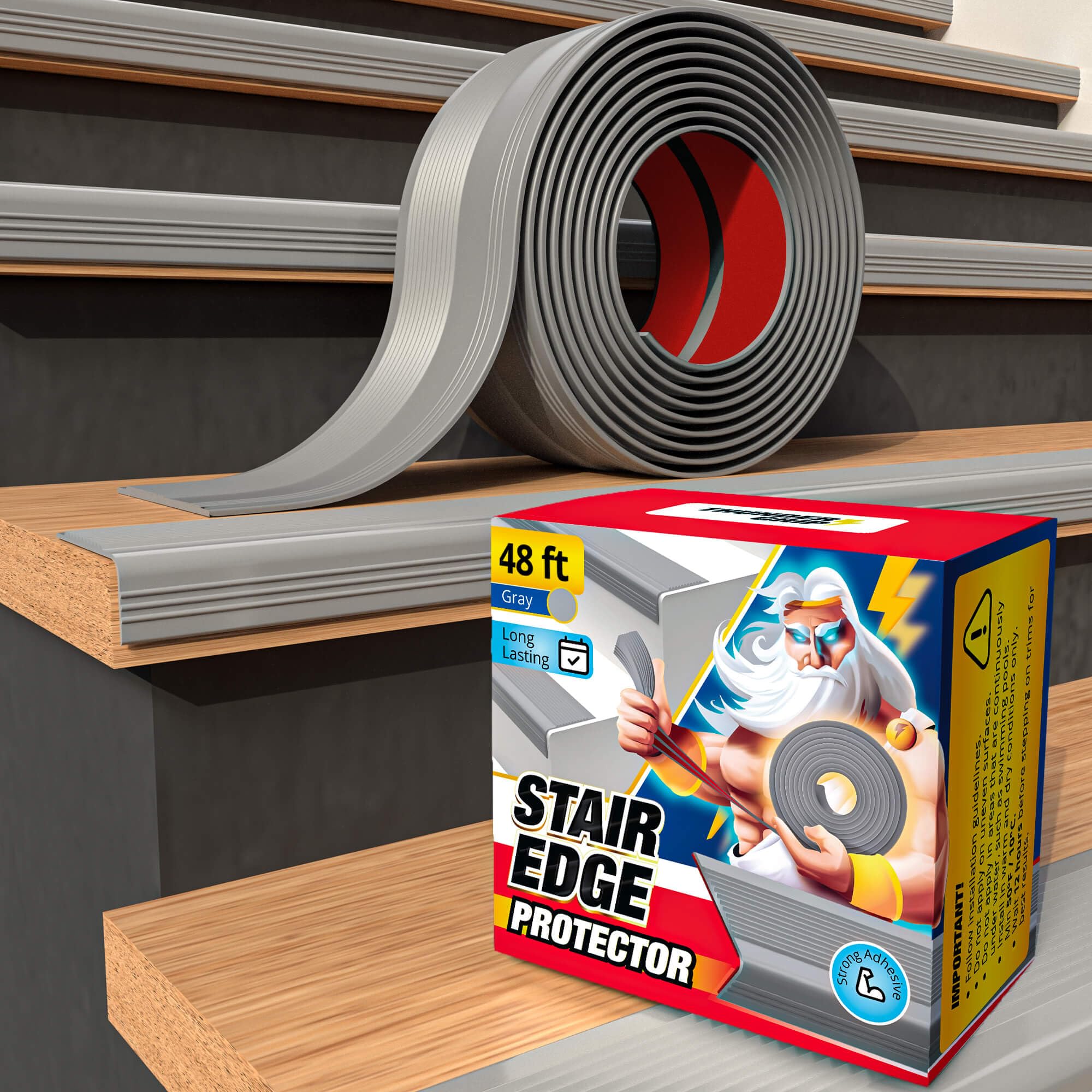 Stair Edge Protector 48 Ft - Gray Rubber Edge Trim for Steps - Vinyl ...