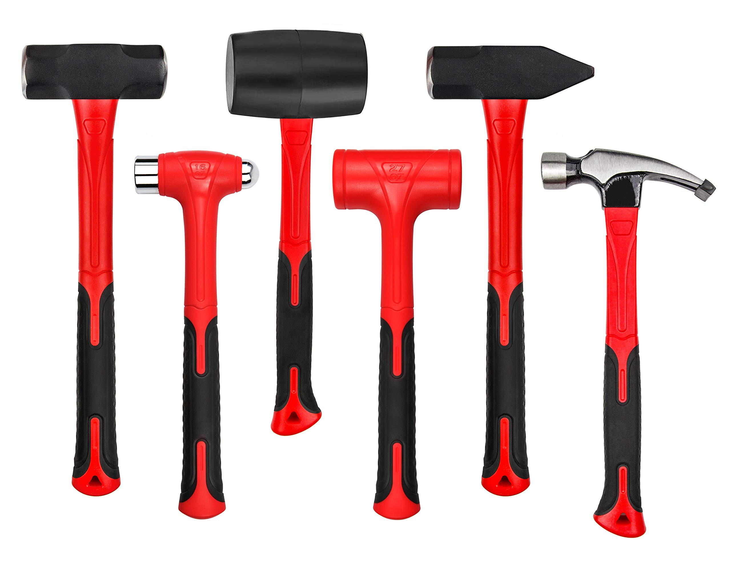 C&T 6-Piece Hammer Set, Fiberglass Handle & Mallet Set, With Shock Reduction Grip, Metal Working ...