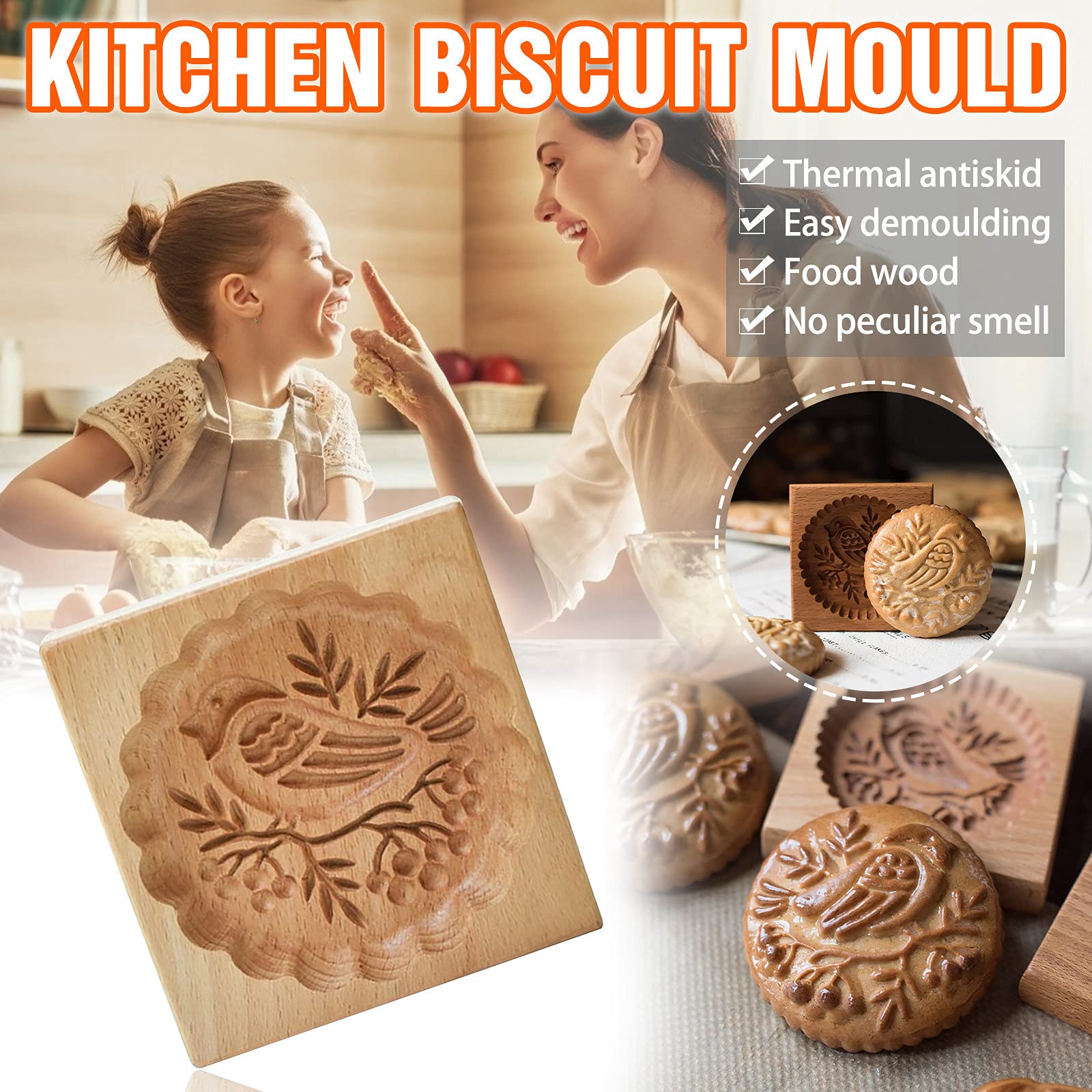 Wooden Cookie Molds, Bird Flower Carved Cookie Cutter for Baking, Bird ...