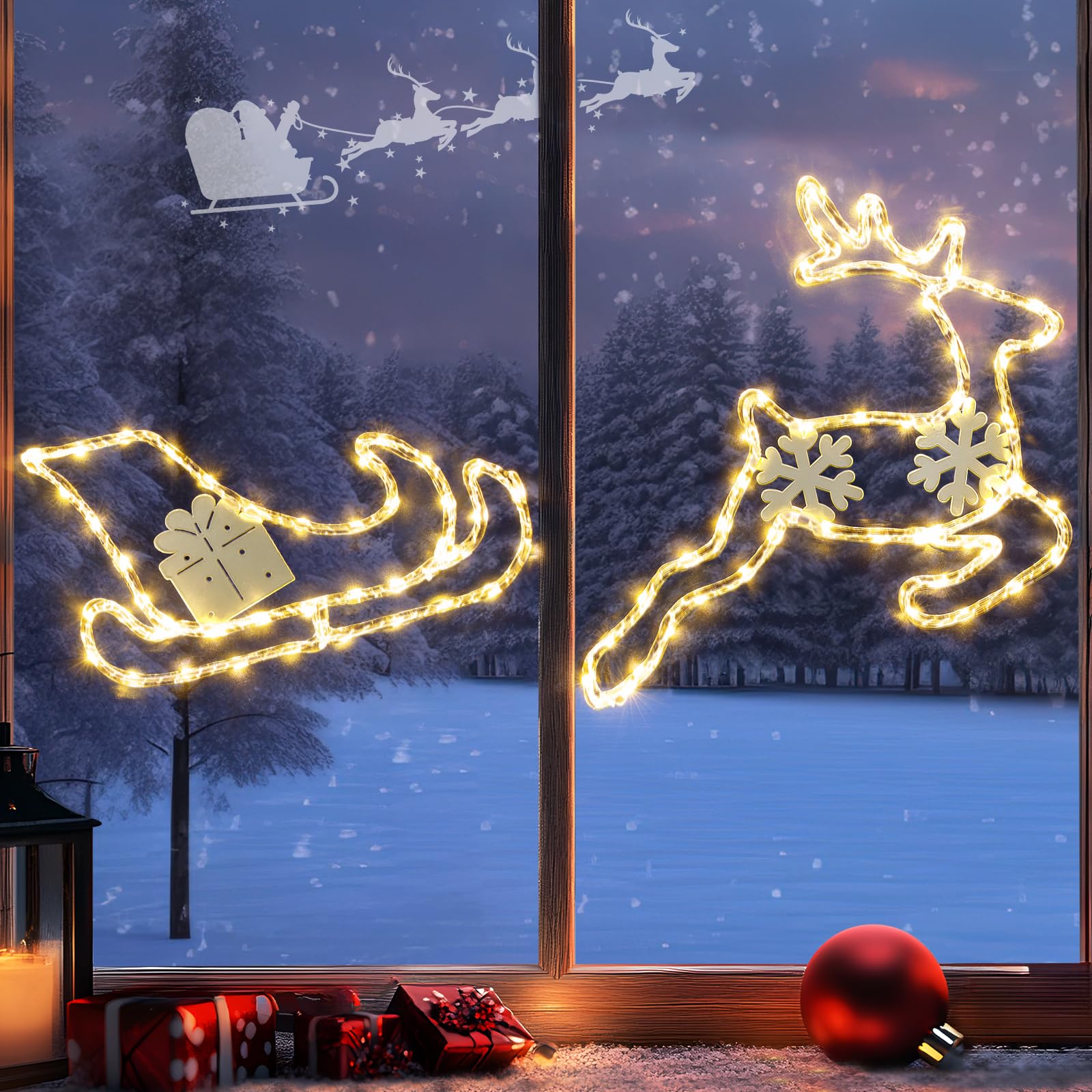 Christmas Window Lights, Reindeer and Sleigh 95 LEDs Christmas Window ...