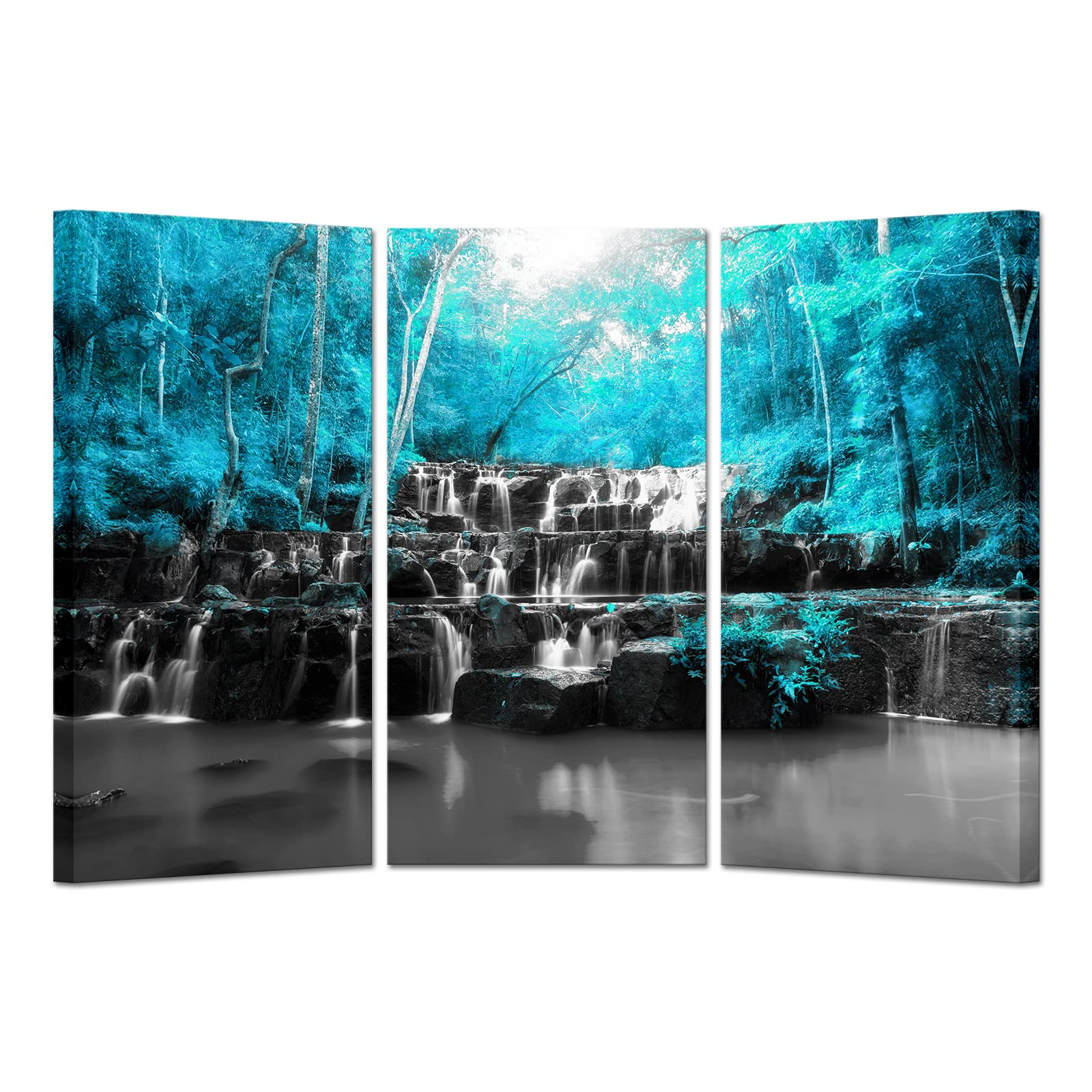 Large 3 Panel Landscape Black White Teal Blue Forest Waterfall Canvas ...