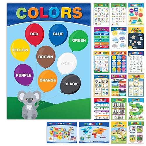 20 Large Educational Posters For Kids Toddlers (16.5x12 Double Sided ...
