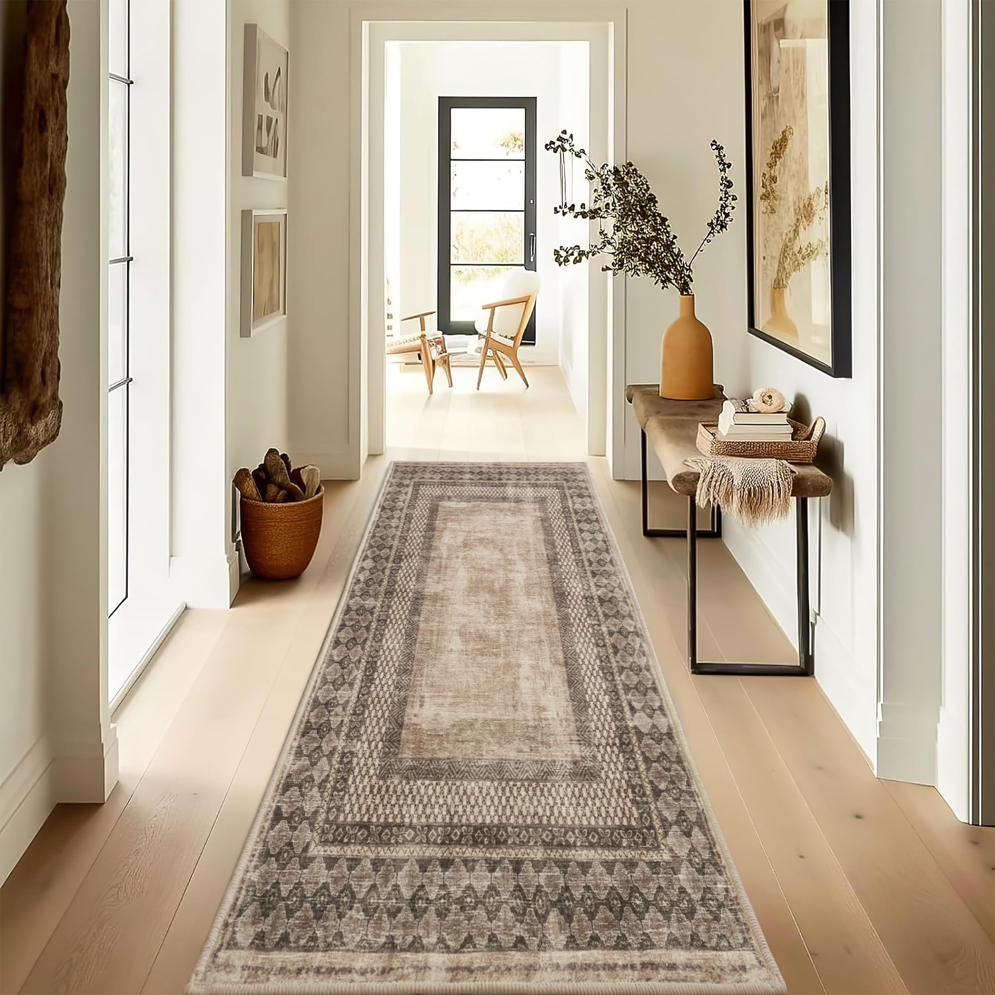 NICETOWN 2'x 8' Brown Runner Rug for Hallway, Machine Washable Thin Non ...