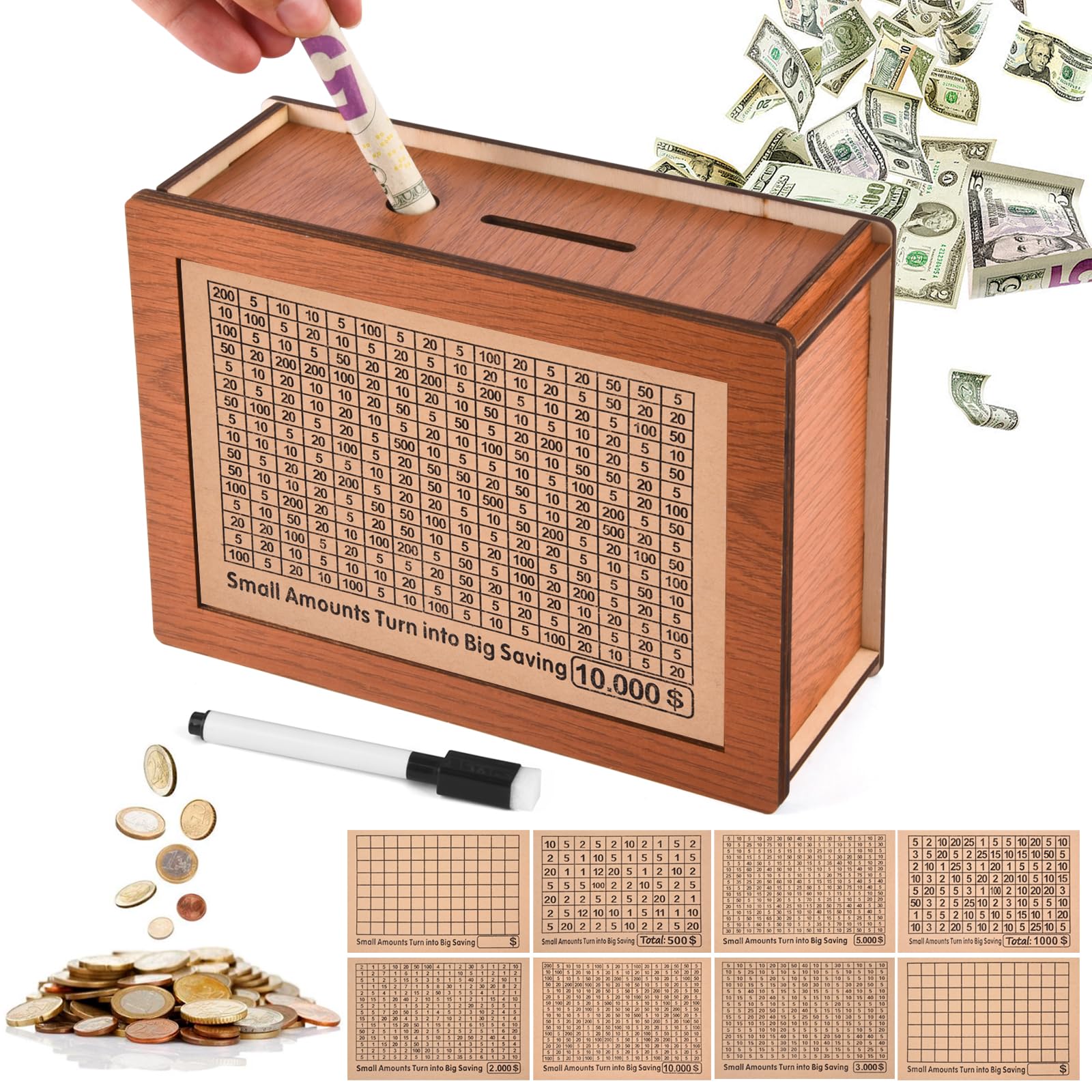 Money Saving Box,Wooden Cash Vault for Kids and Adults,Reusable Money ...