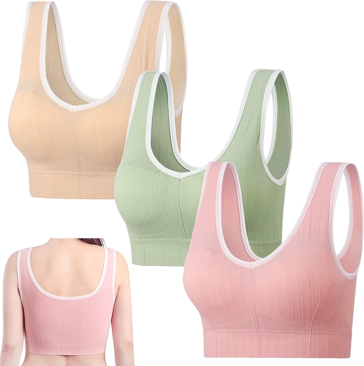 3 Pack Pure Cotton Training Bra with Thin Padding Wireless Bra Sports ...