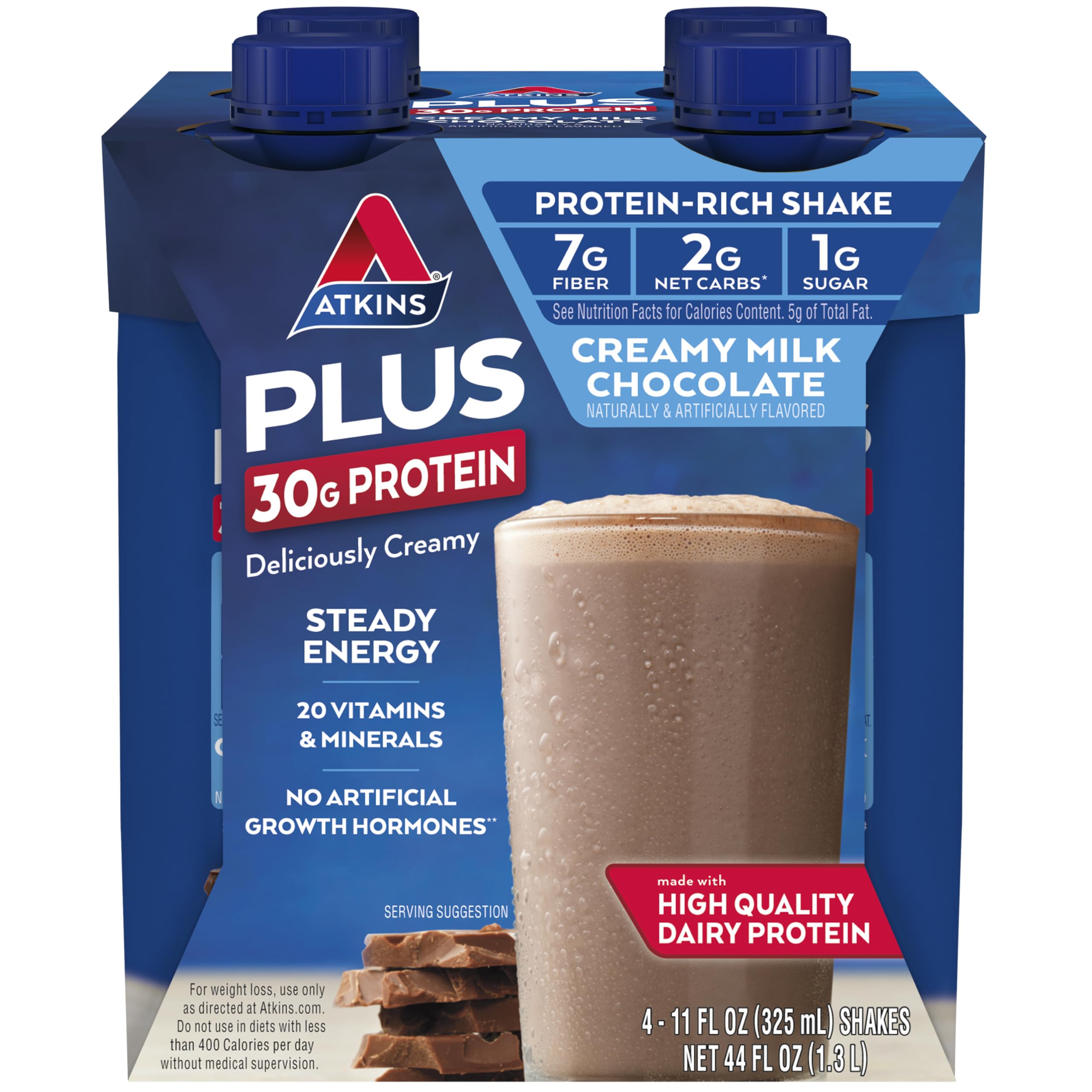 Atkins, PLUS Protein & Fiber High Protein Shake, Creamy Milk Chocolate ...