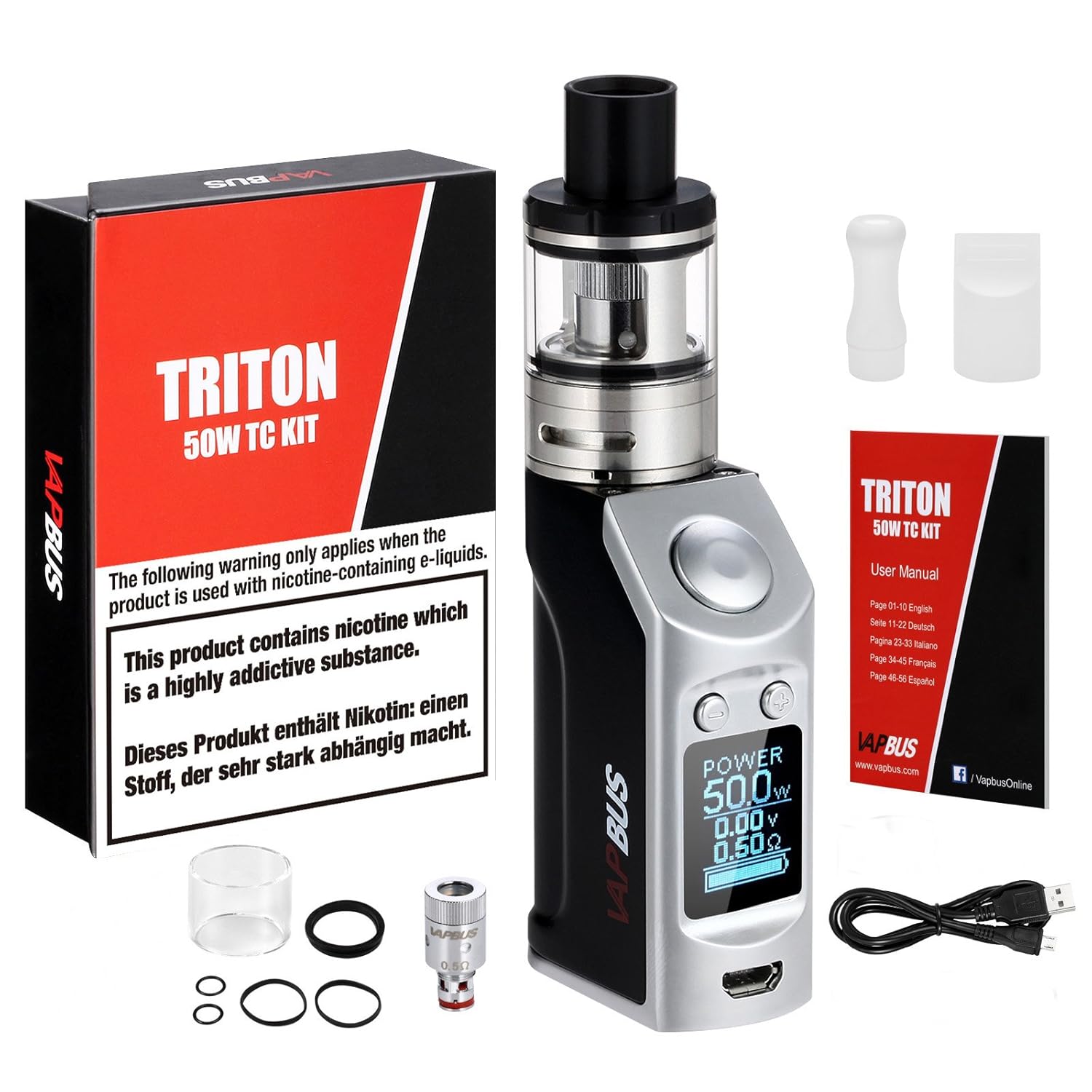 E Cigarette 50W Vape Starter Kit, VAPBUS Box Mod, Ecig Top fill 0.5ohm ...