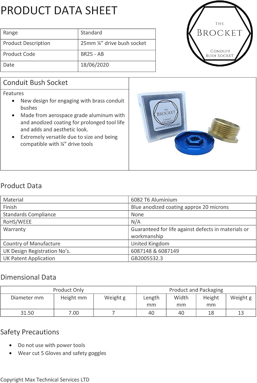 Brocket Conduit Bush Socket Set 20mm & 25mm Aluminium. (Made in The UK ...