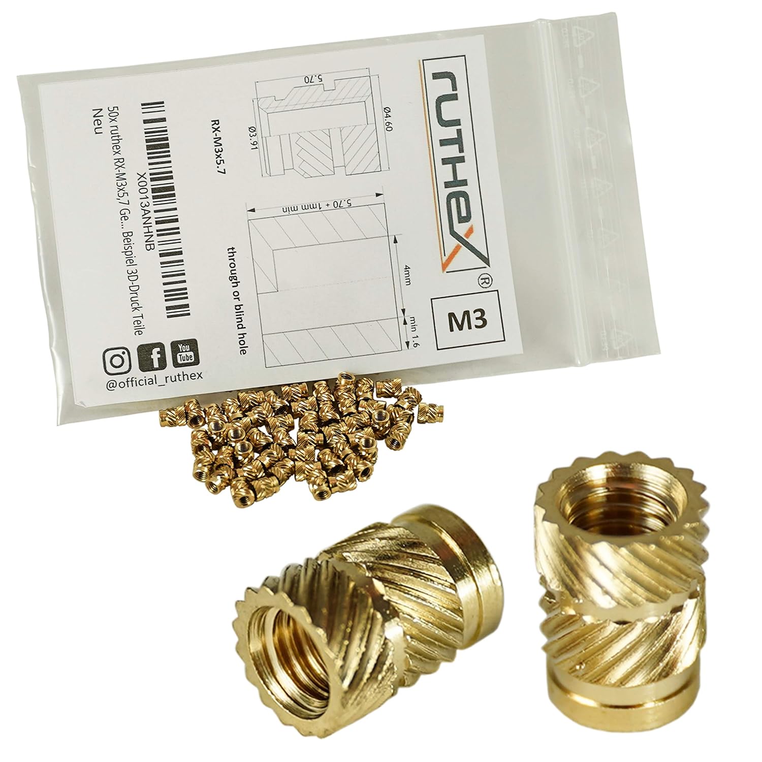 ruthex inserto filettato M3 (100 pezzi) - zoccoli filettati in ottone ...