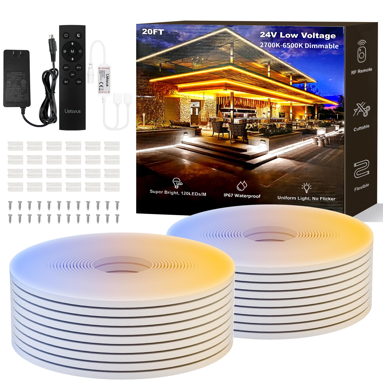 Ustarus Neon LED Strip Lights White Dimmable 40ft 24V 2700K-6500K, Rope ...