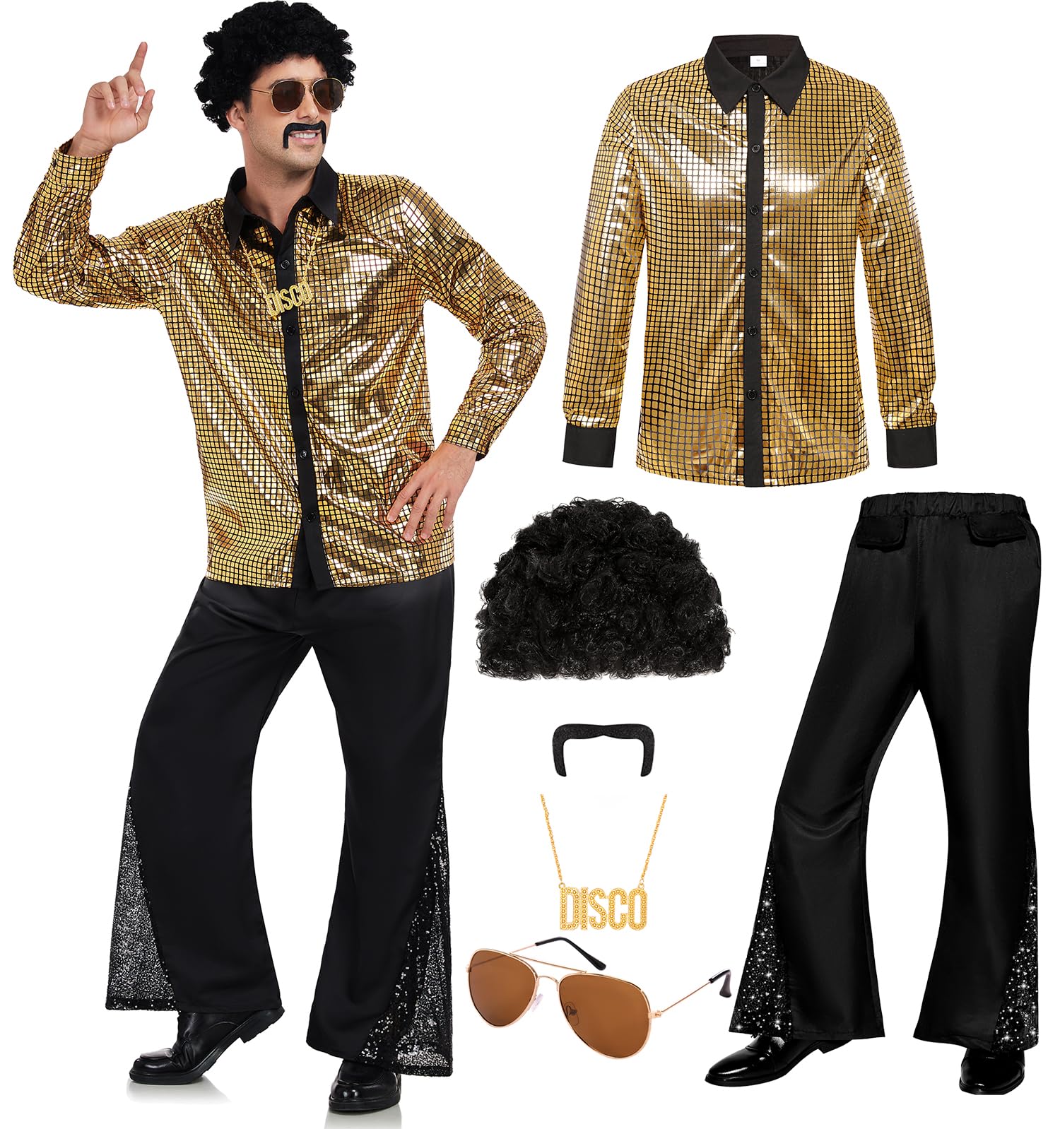Bordazor Mens 70s Disco Shirt Outfit Men Sequin Metallic Long Sleeve ...