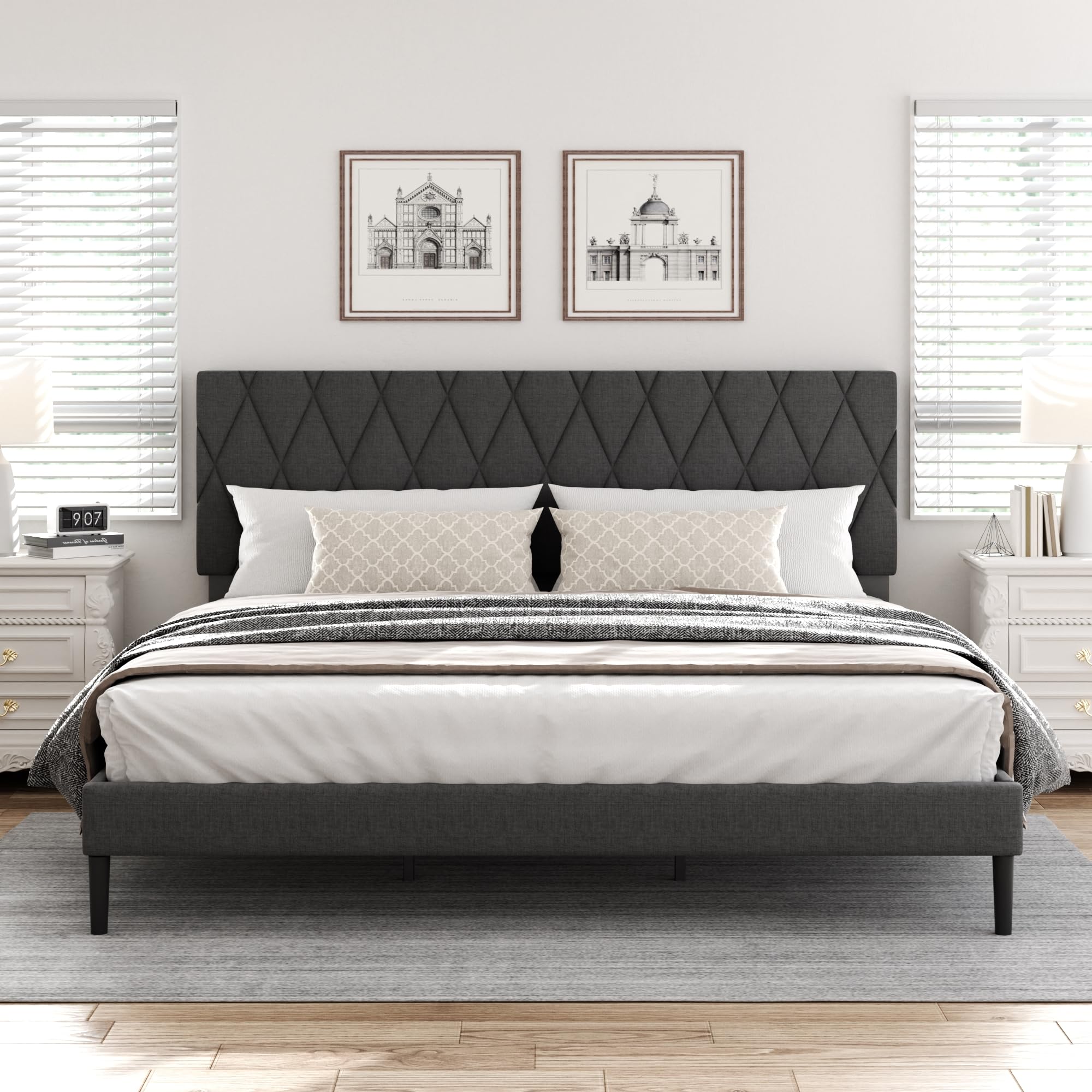 CXVX King Size Bed Frame with Diamond Tufted Headboard, Linen ...