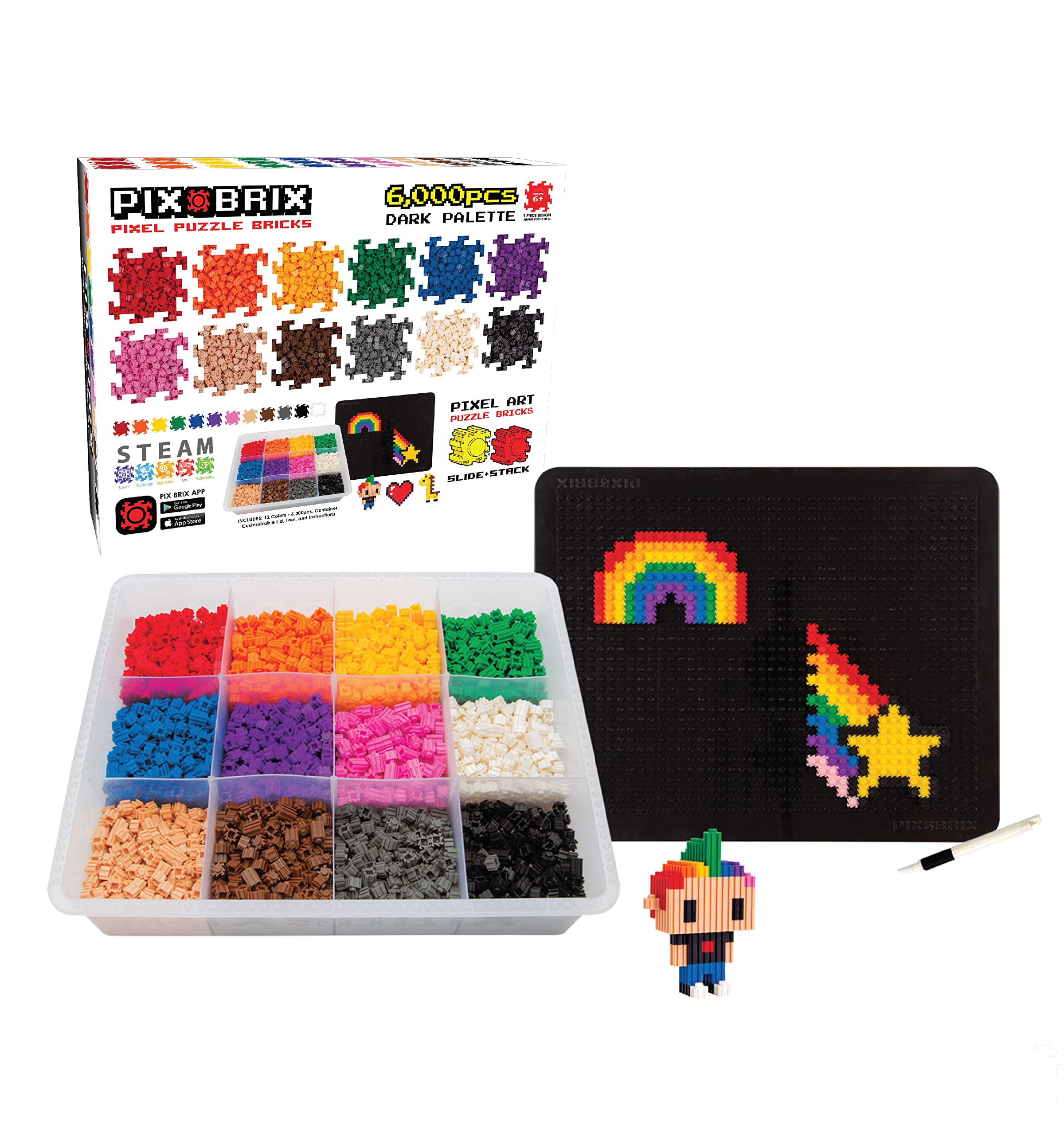 Pix Brix Pixel Art Puzzle Bricks – 6,000 Piece Pixel Art Container, 12 Color Dark Palette ...