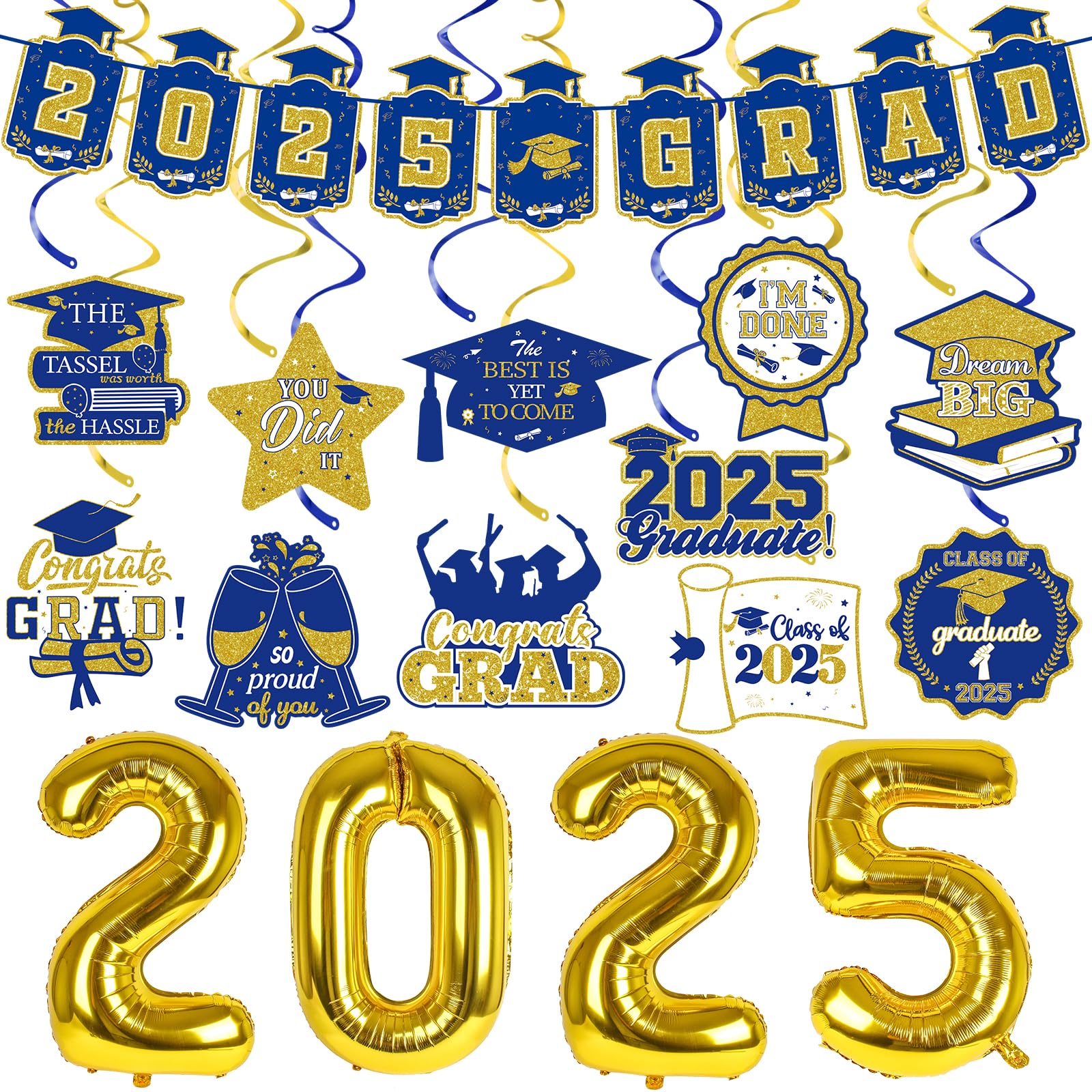 Blue and Gold 2025 Graduation Decorations Set - 2025 Grad Banner, Grad ...