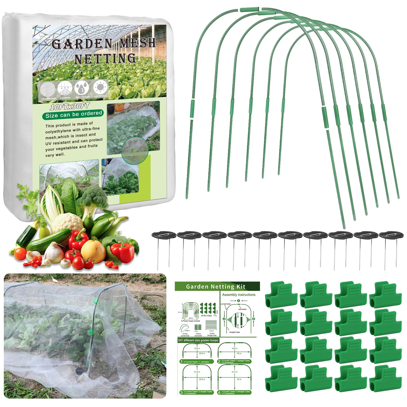 Garden Netting Kit Plant Covers 10x30 Ft Net Ultra Fine Mesh Protection Netting with 6 Sets ...