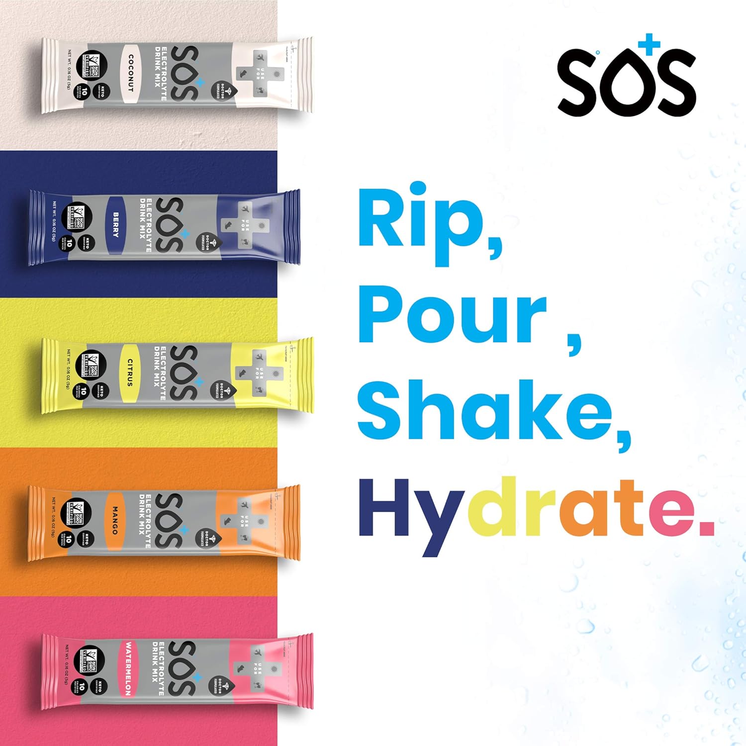 SOS Rehydrate Citrus Electrolyte Powder, Easy Open Packets, Supplement ...