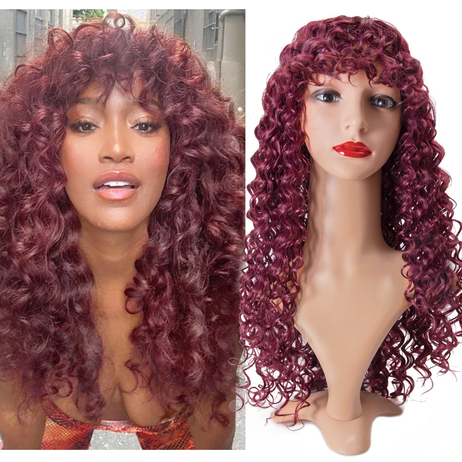 YXCHERISHAIR Curly Wigs for Black Women Red Afro Bomb Curly Wig with Bangs Long Curly Wavy Wig ...