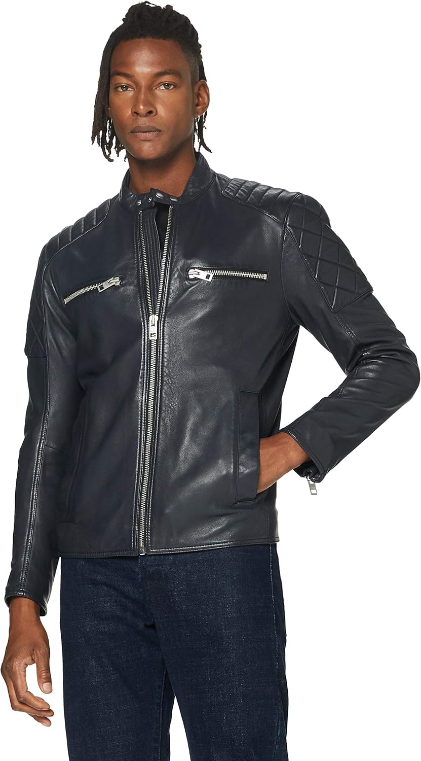 BOSS Men's Jeean Leather Jacket, Dark Blue (404), 46: Amazon.co.uk ...