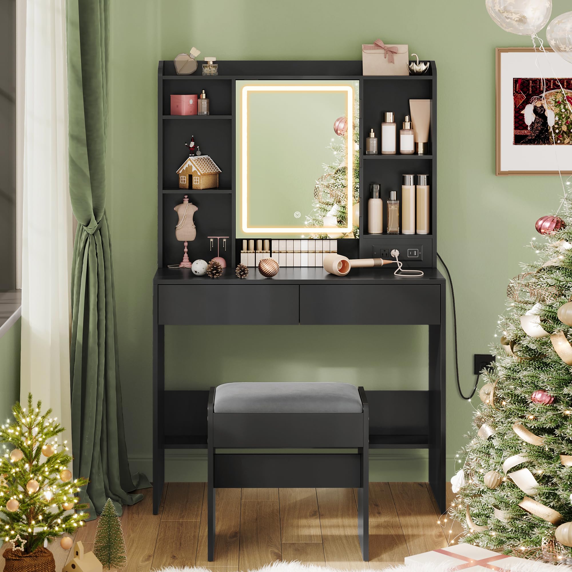 VASAGLE Vanity Desk with Power Outlets, Makeup Vanity with Mirror and ...