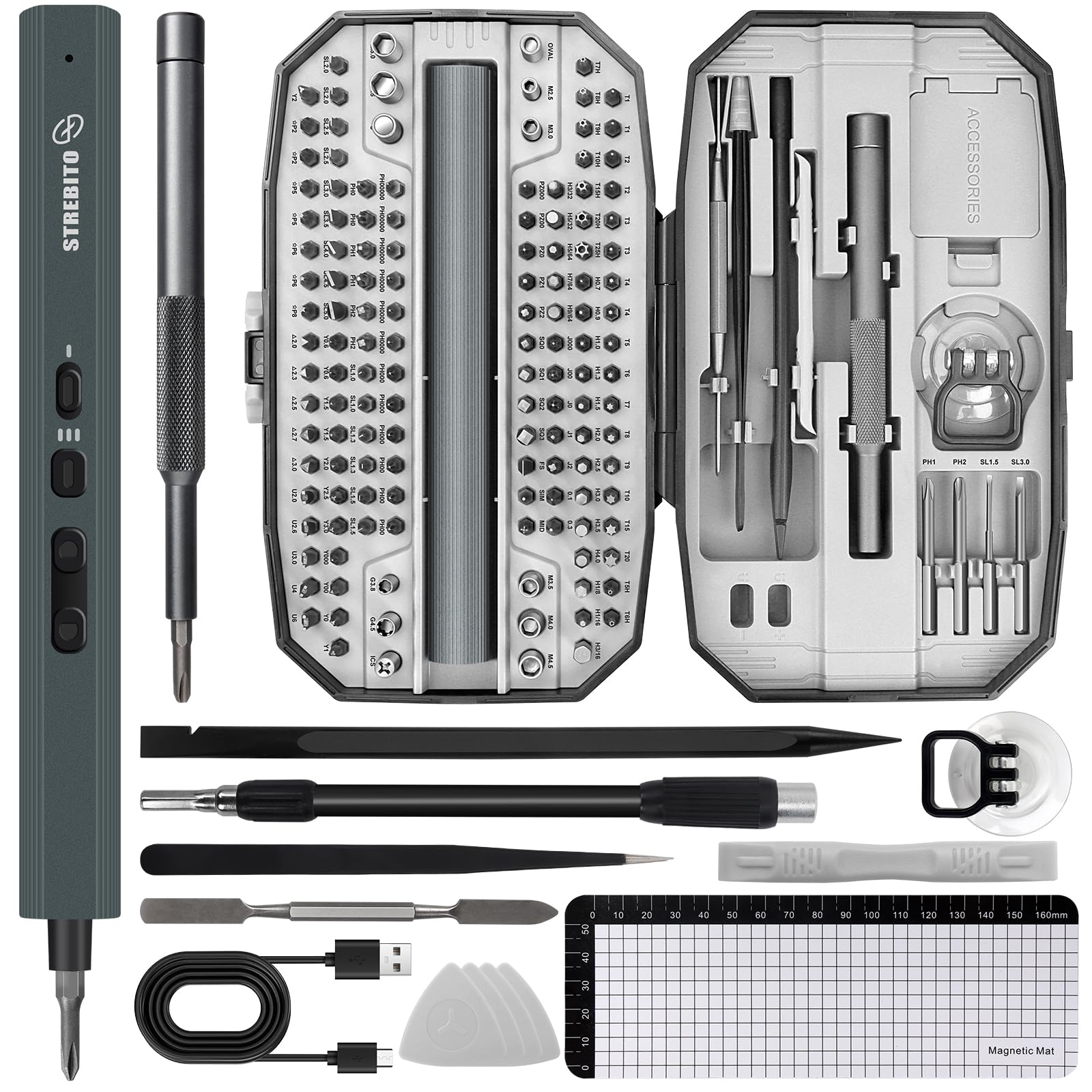 STREBITO Mini Electric Screwdriver, 155 in 1 Electric Precision Screwdriver Set with 140 S2 ...