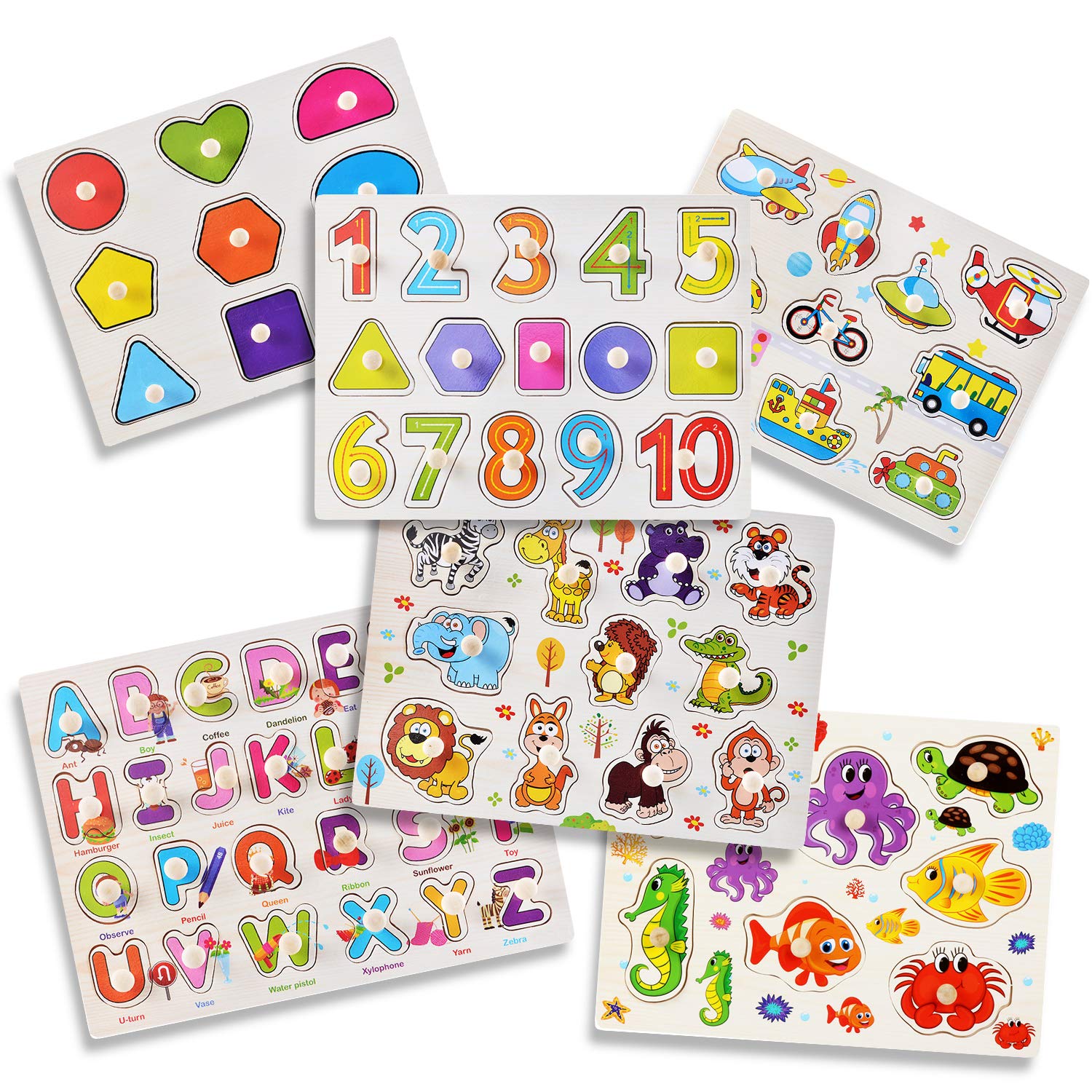 Playcrate 6 Pack Wooden Learning Puzzles for Kids - Educational Animals ...