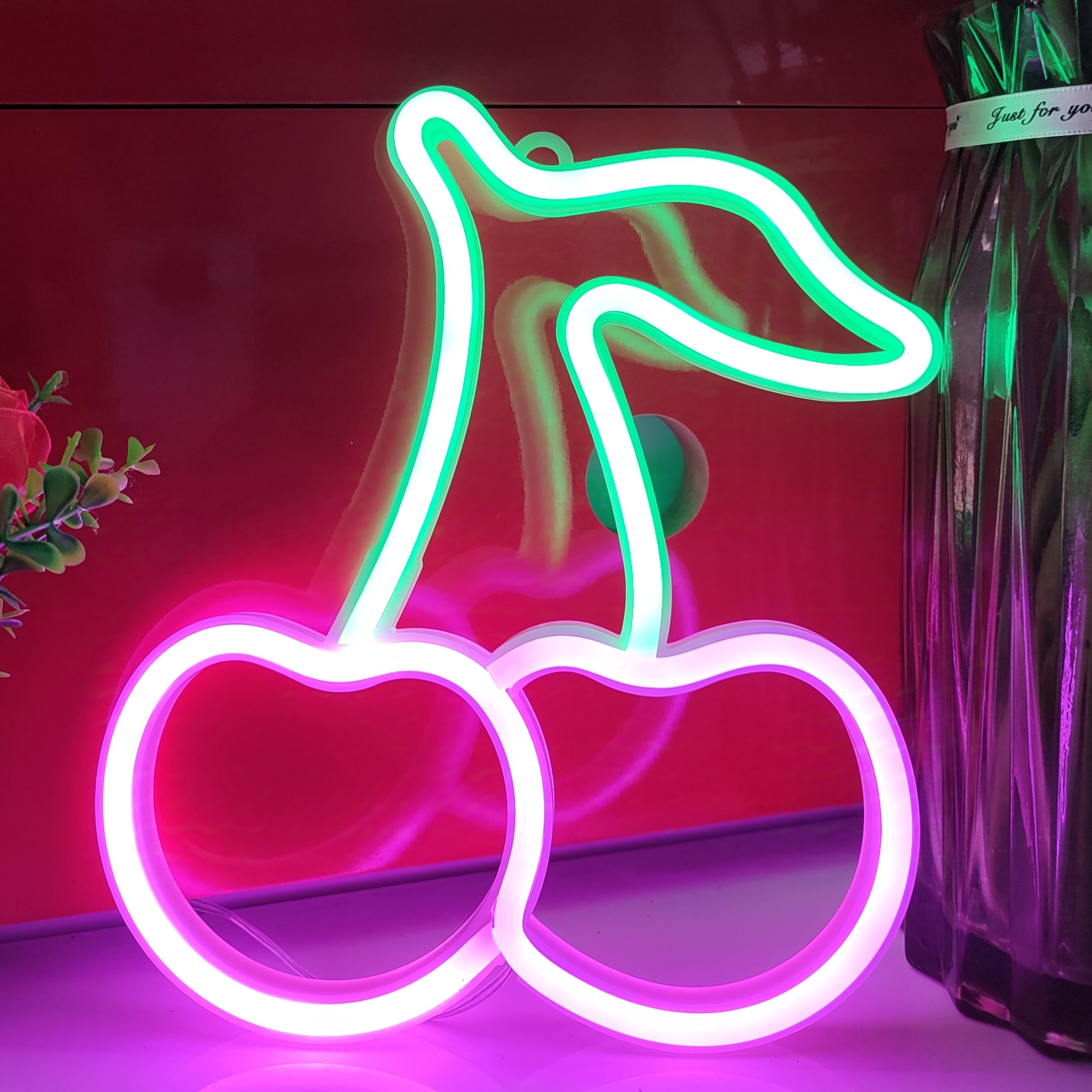 JYWJ Cherry Neon Sign,USB or 3-AA Battery Powered Neon Light,LED Table ...