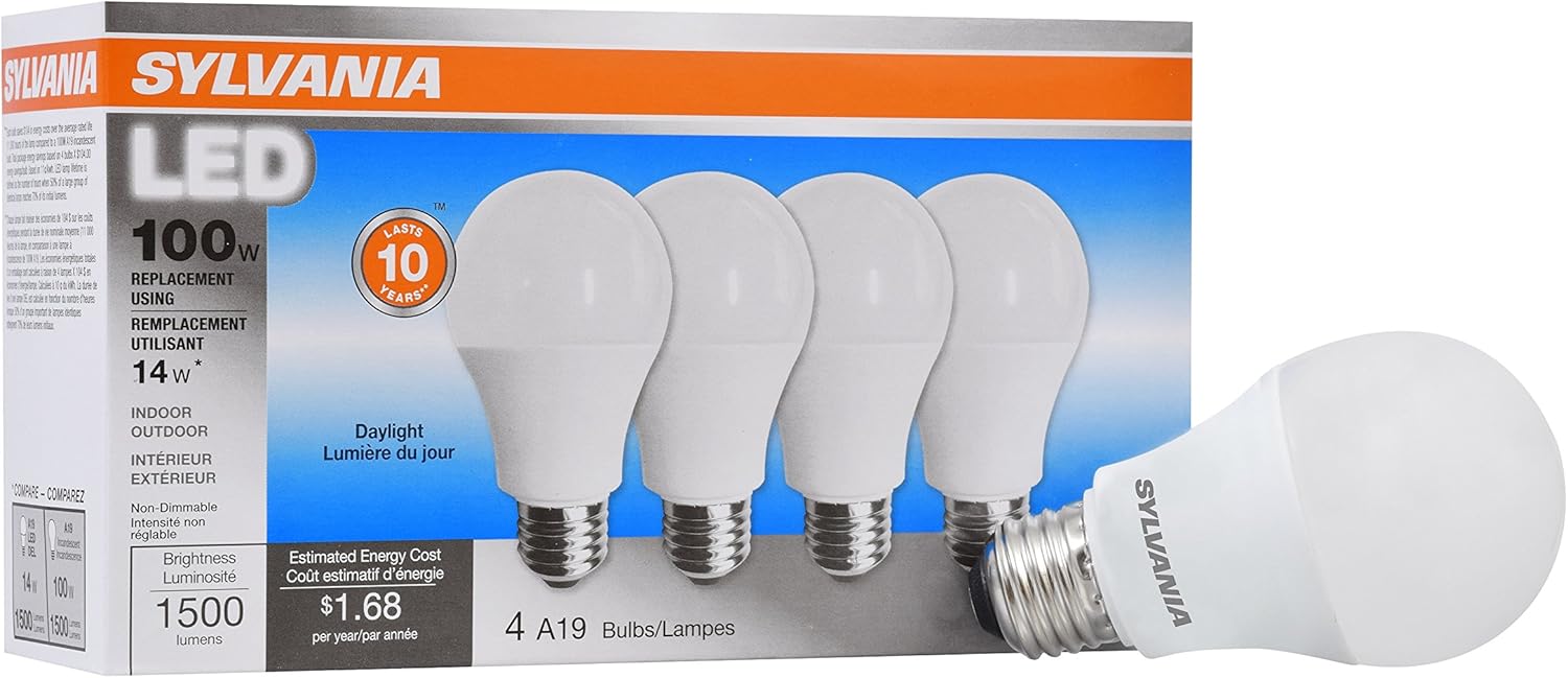 Sylvania Home Lighting 78103 Sylvania, 100W Equivalent, Led Light Bulb, A19 Lamp, 4 Pack ...